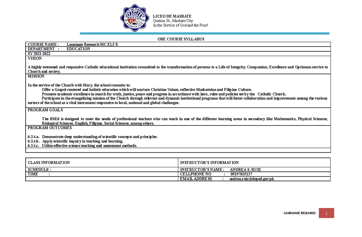 Language Research Syllabus - LICEO DE MASBATE Quezon St., Masbate City ... Language Research Syllabus - LICEO DE MASBATE Quezon St., Masbate City ...