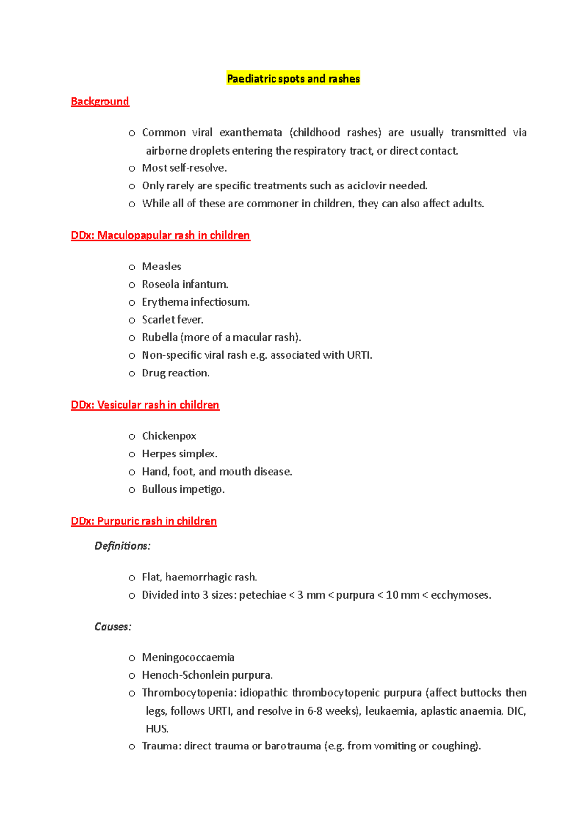 Paediatric spots and rashes - Paediatric spots and rashes Background o ...