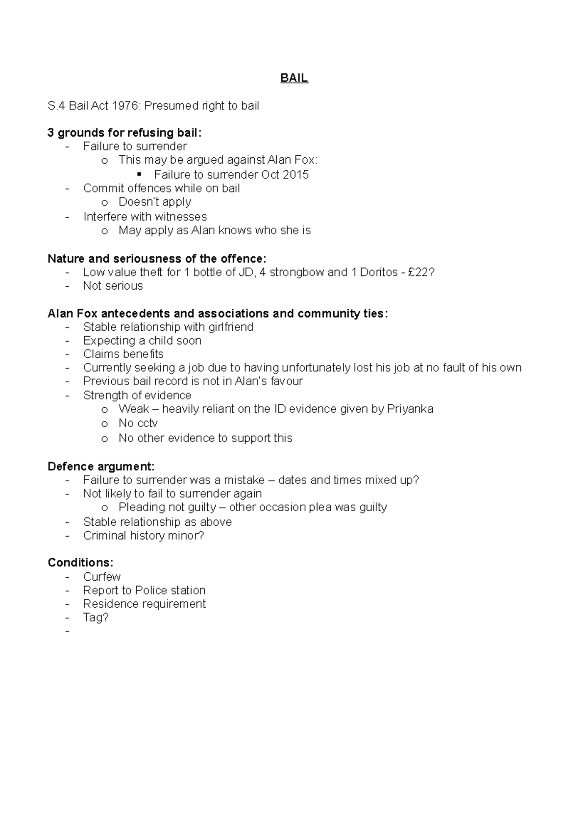 BAIL - BAIL - BAIL S Bail Act 1976: Presumed right to bail 3 grounds ...