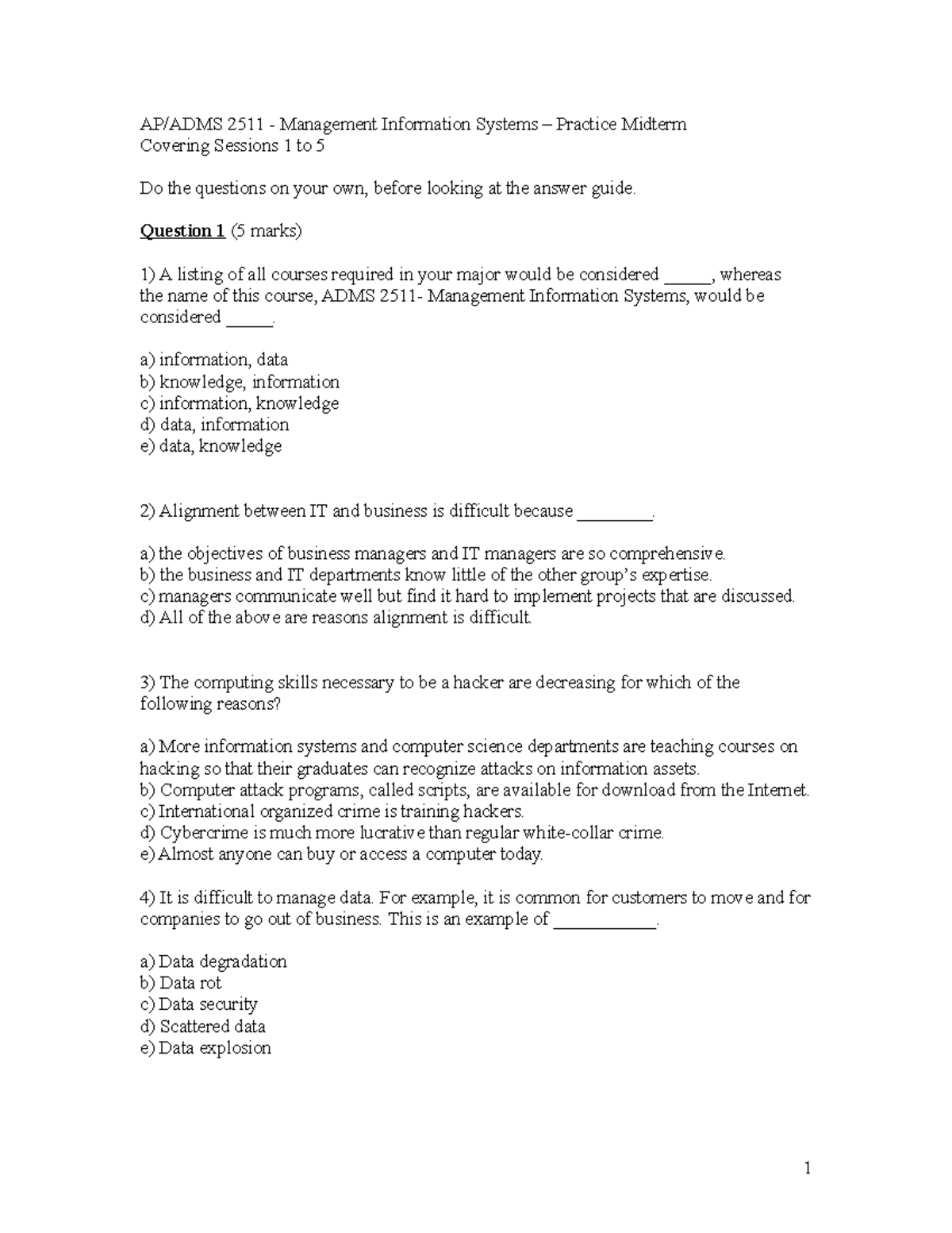 adms 2511 midterm practice question - AP/ADMS 2511 - Management Information Systems – Practice ...
