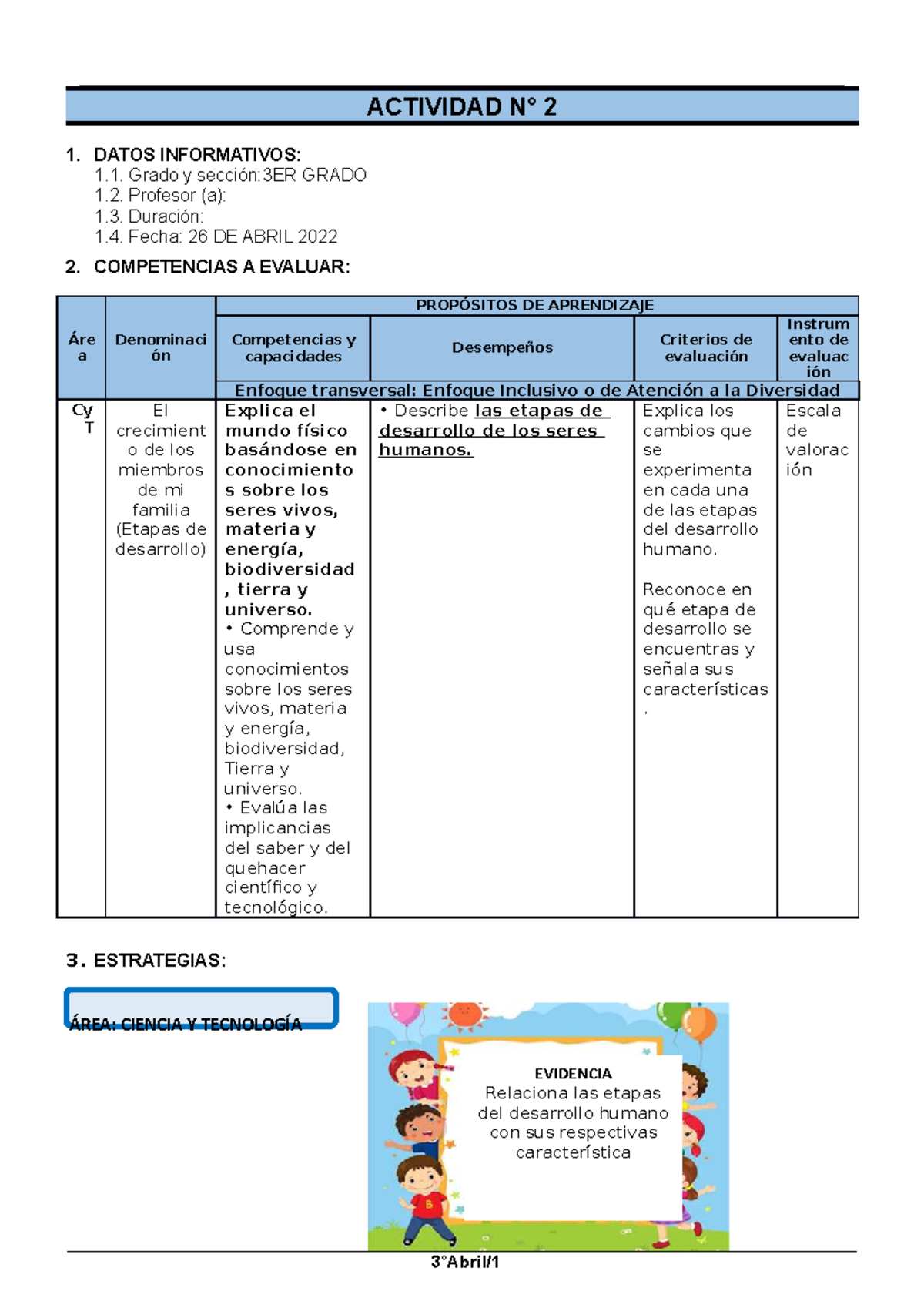 Sesion Ciencia- Etapas DE LA VIDA - ACTIVIDAD N° 2 1. DATOS ...