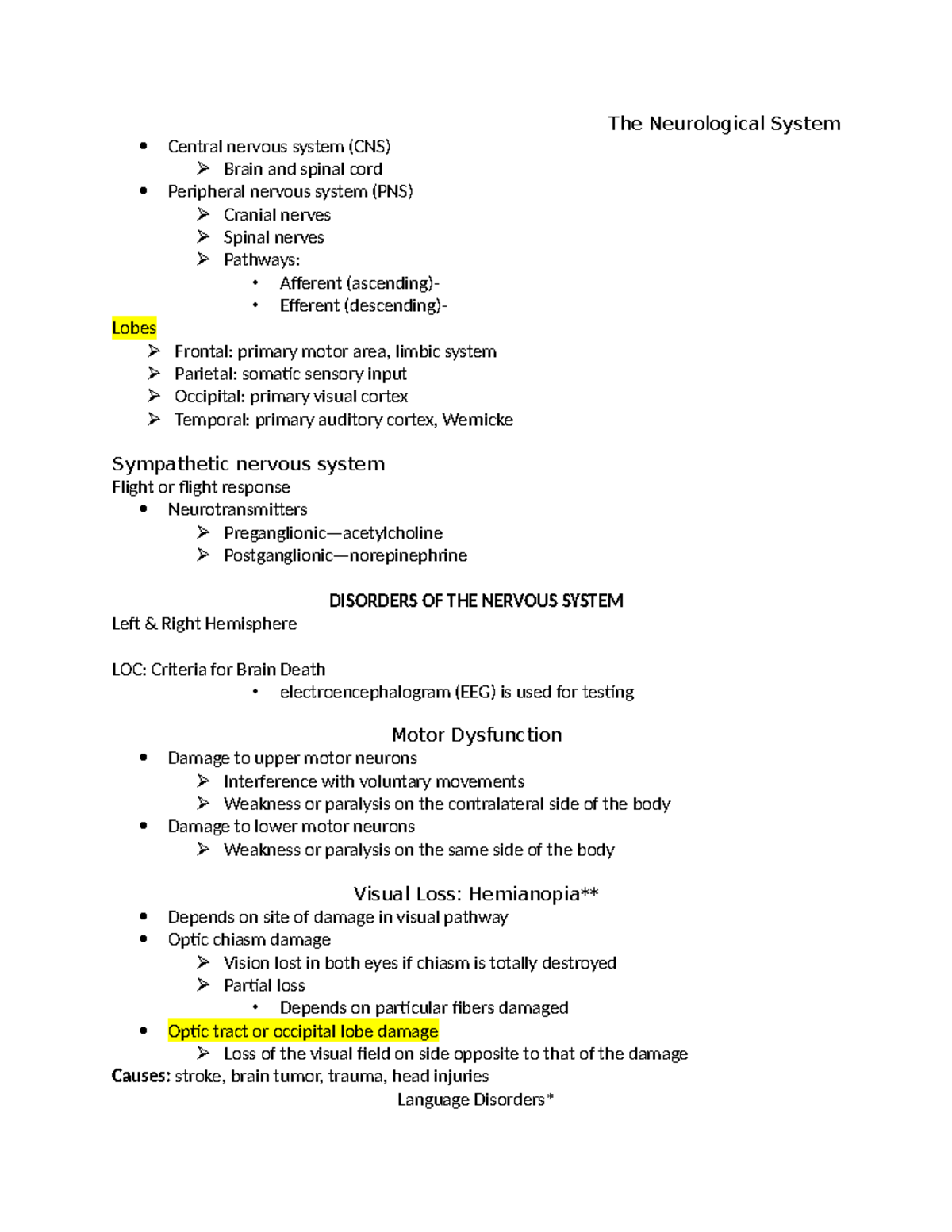 The Neurological System Notes - The Neurological System Central nervous ...