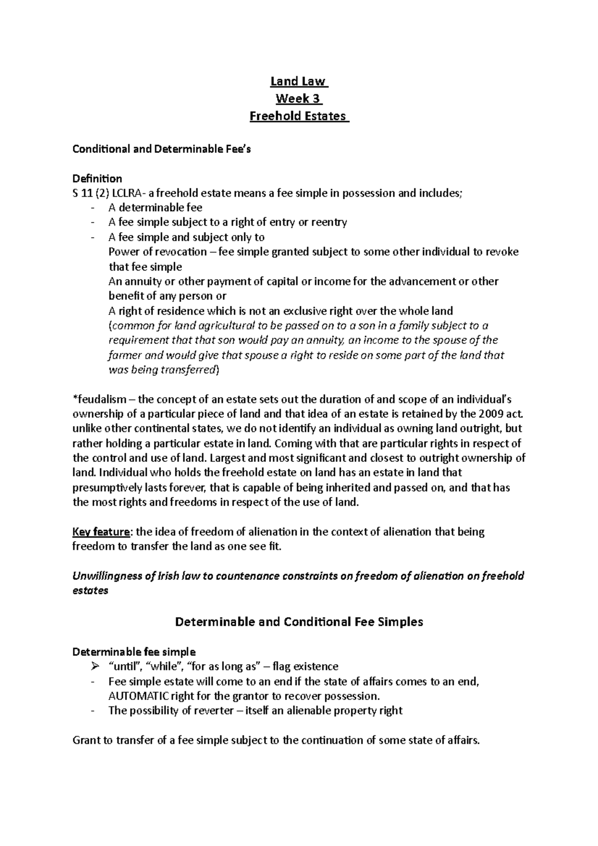 Land Law W 3Freehold Estates - Land Law Week 3 Freehold Estates ...