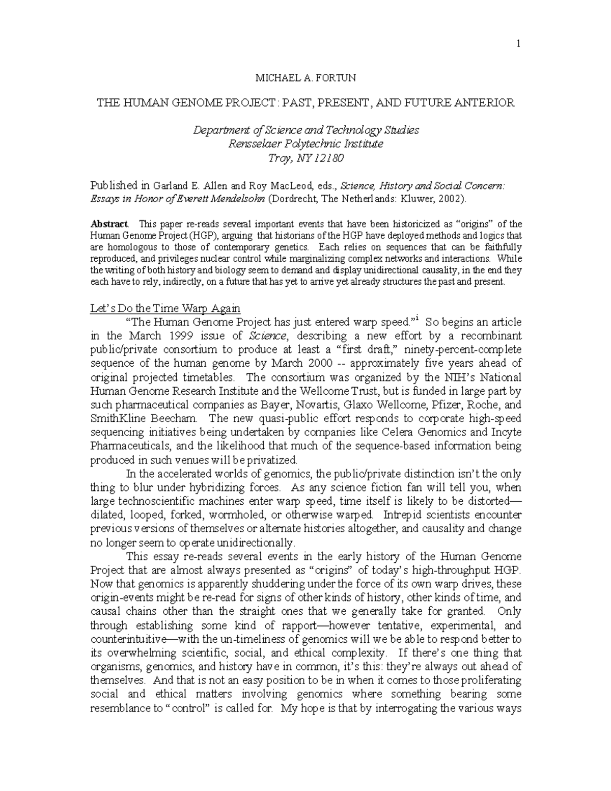 Journal - MICHAEL A. FORTUN THE HUMAN GENOME PROJECT: PAST, PRESENT ...