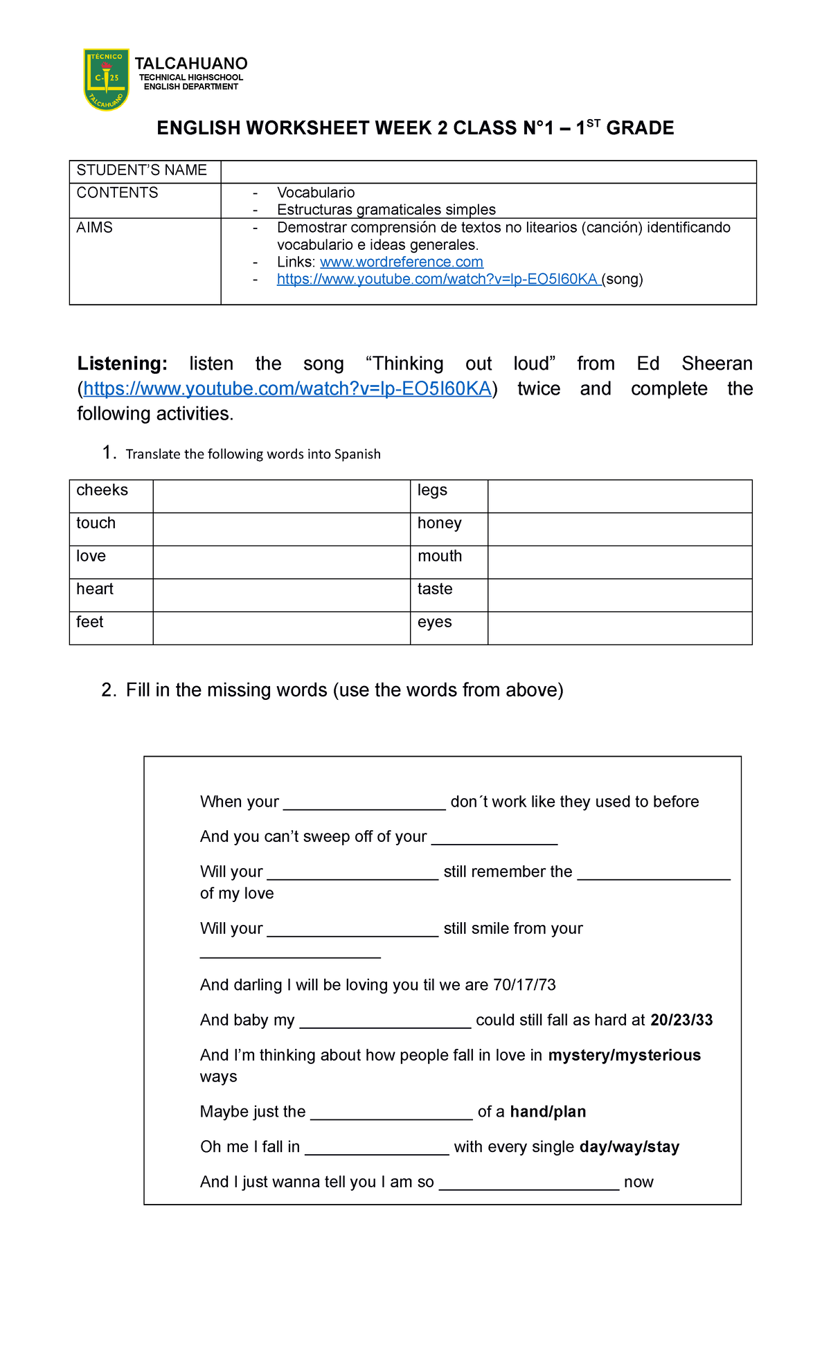 GUIA-1ERO - Guía. - ENGLISH WORKSHEET WEEK 2 CLASS N°1 – 1 ST GRADE STUDENT’S NAME CONTENTS ...
