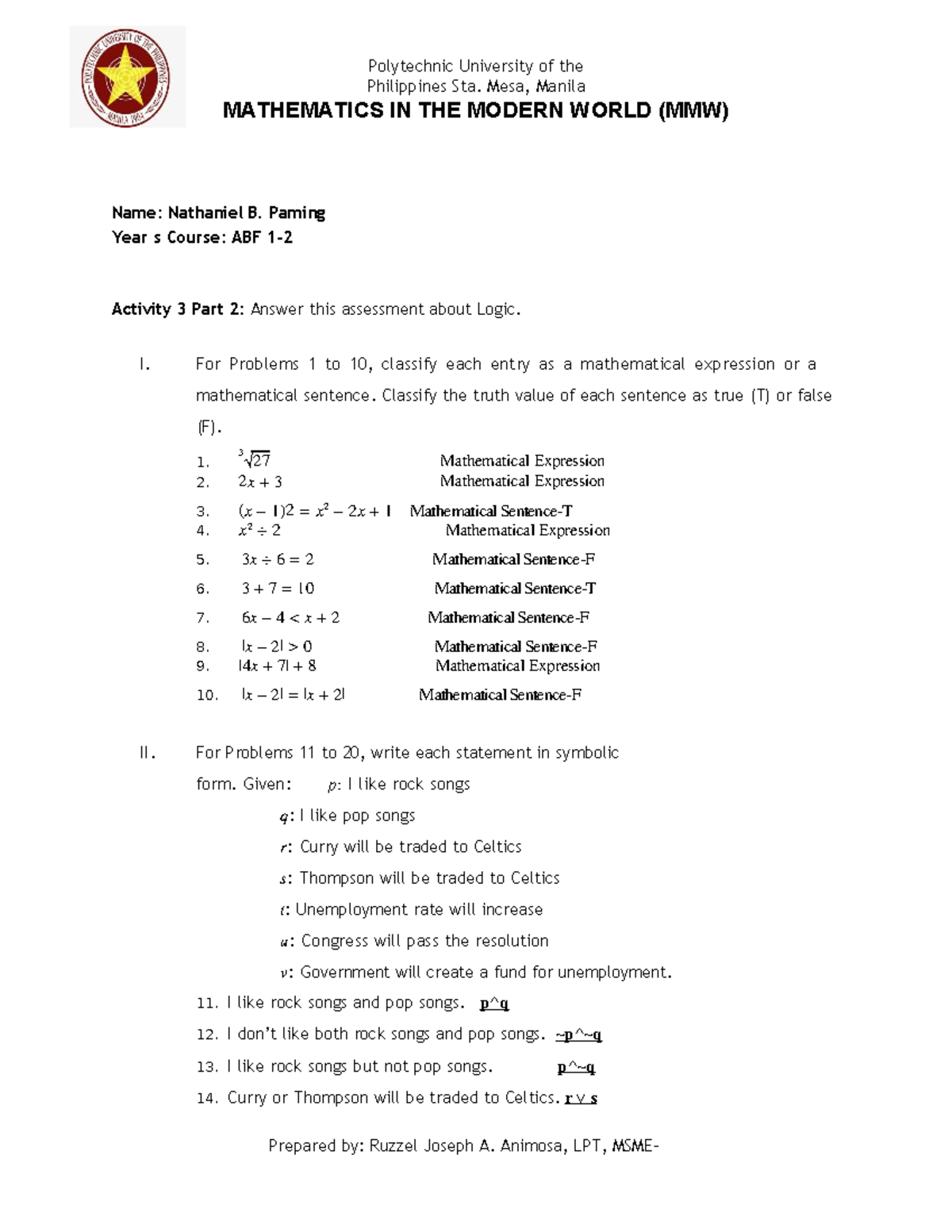 Activity 3 Part 2 Logic Assessment - Philippines Sta. Mesa, Manila ...