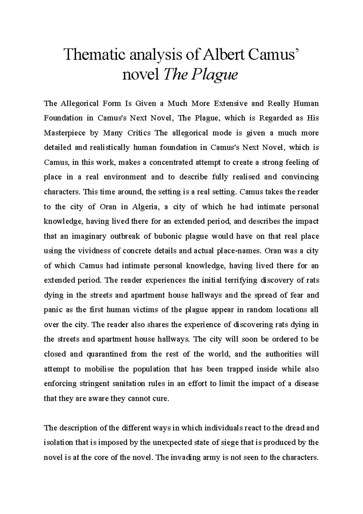 Thematic analysis of Albert Camus’ novel The Plague - Thematic analysis ...