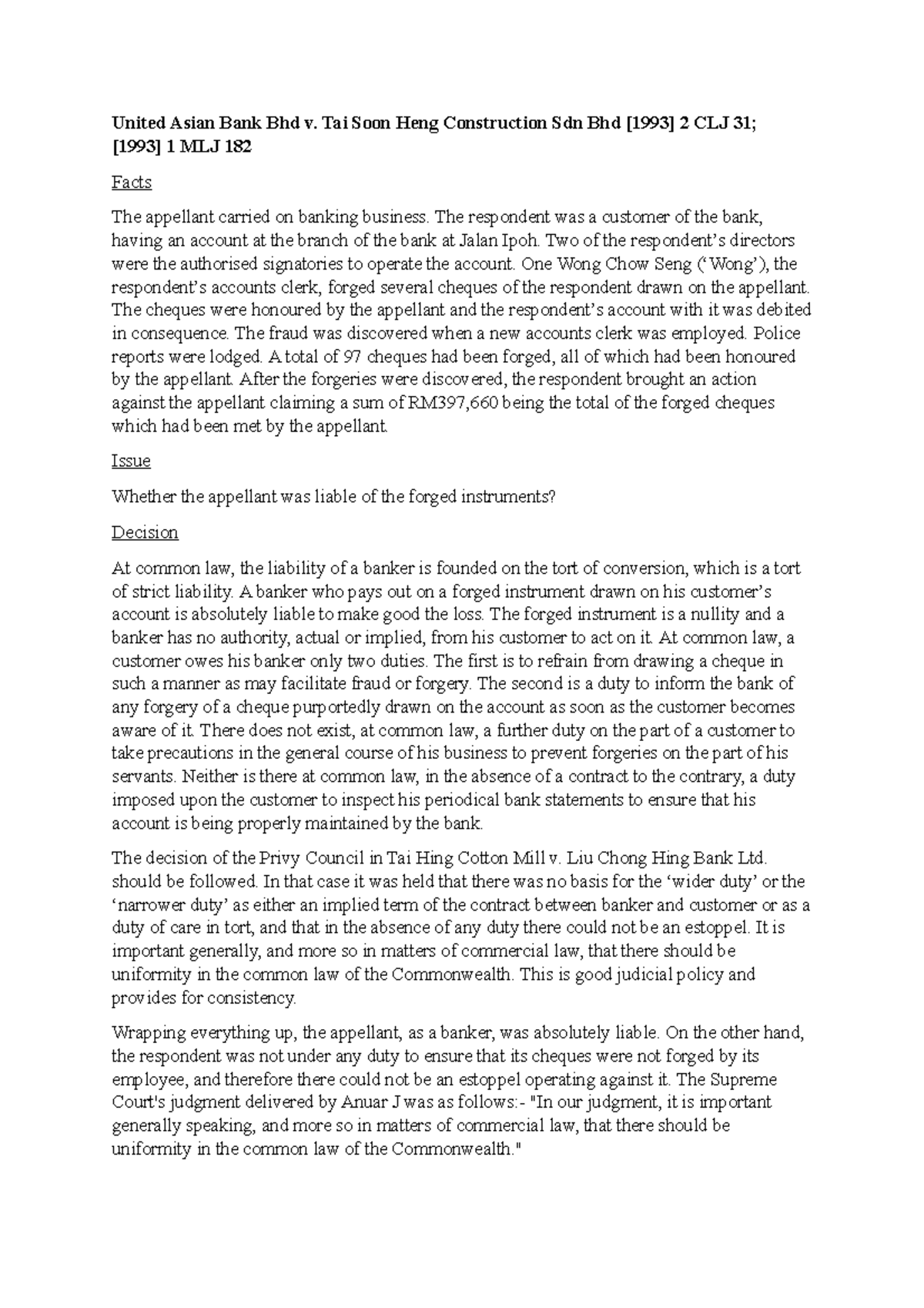 United Asian Bank Bhd v. Tai Soon Heng Construction Sdn Bhd - United ...