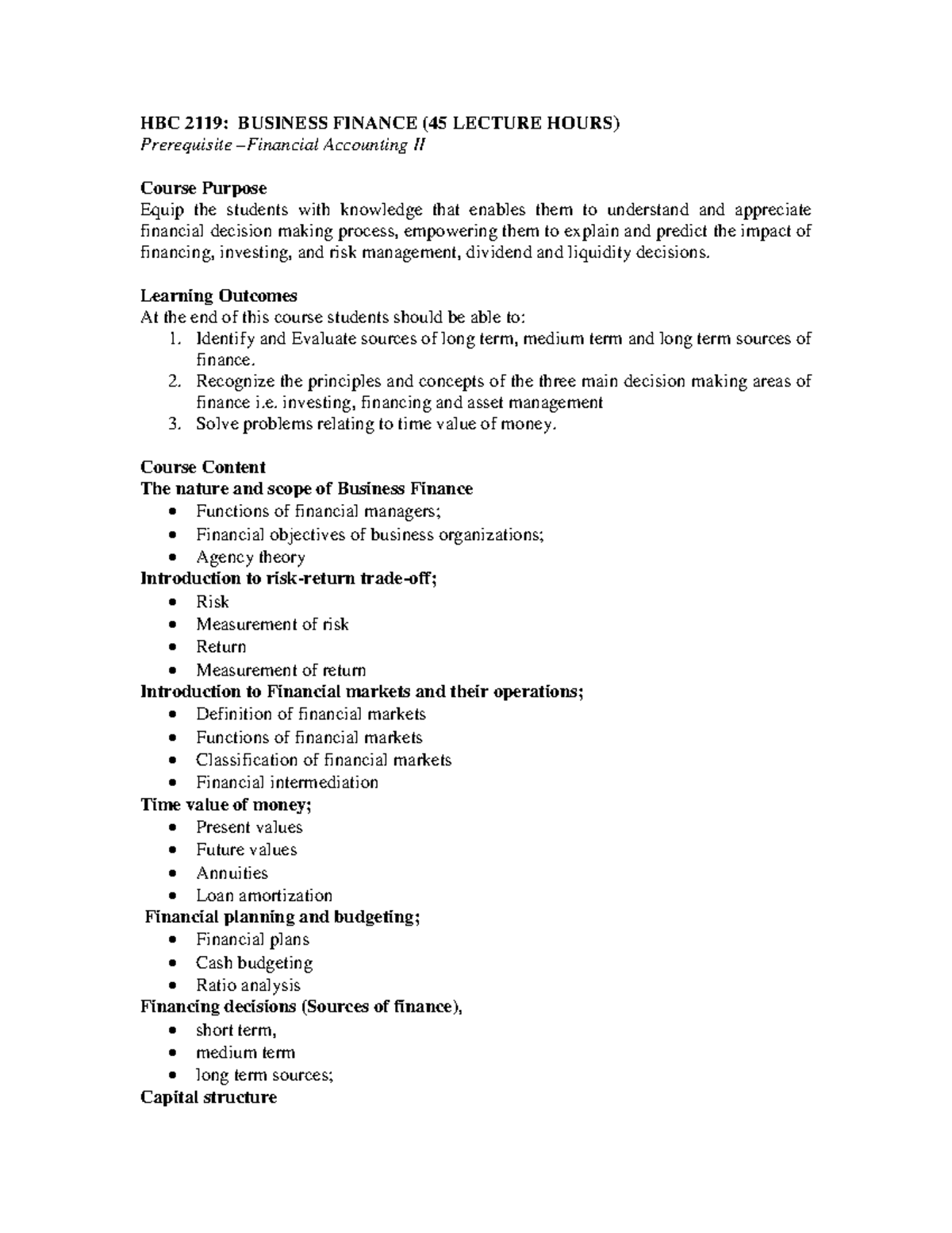 Business Finance - HBC 2119: BUSINESS FINANCE (45 LECTURE HOURS ...