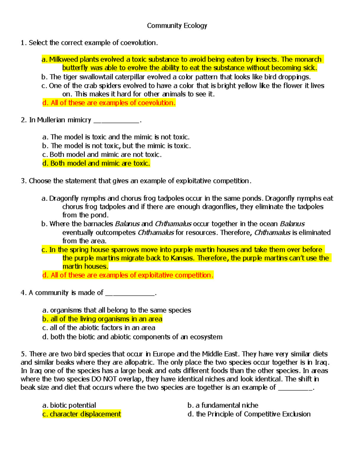 Community Ecology - Questions and Answers to questions on assignment ...