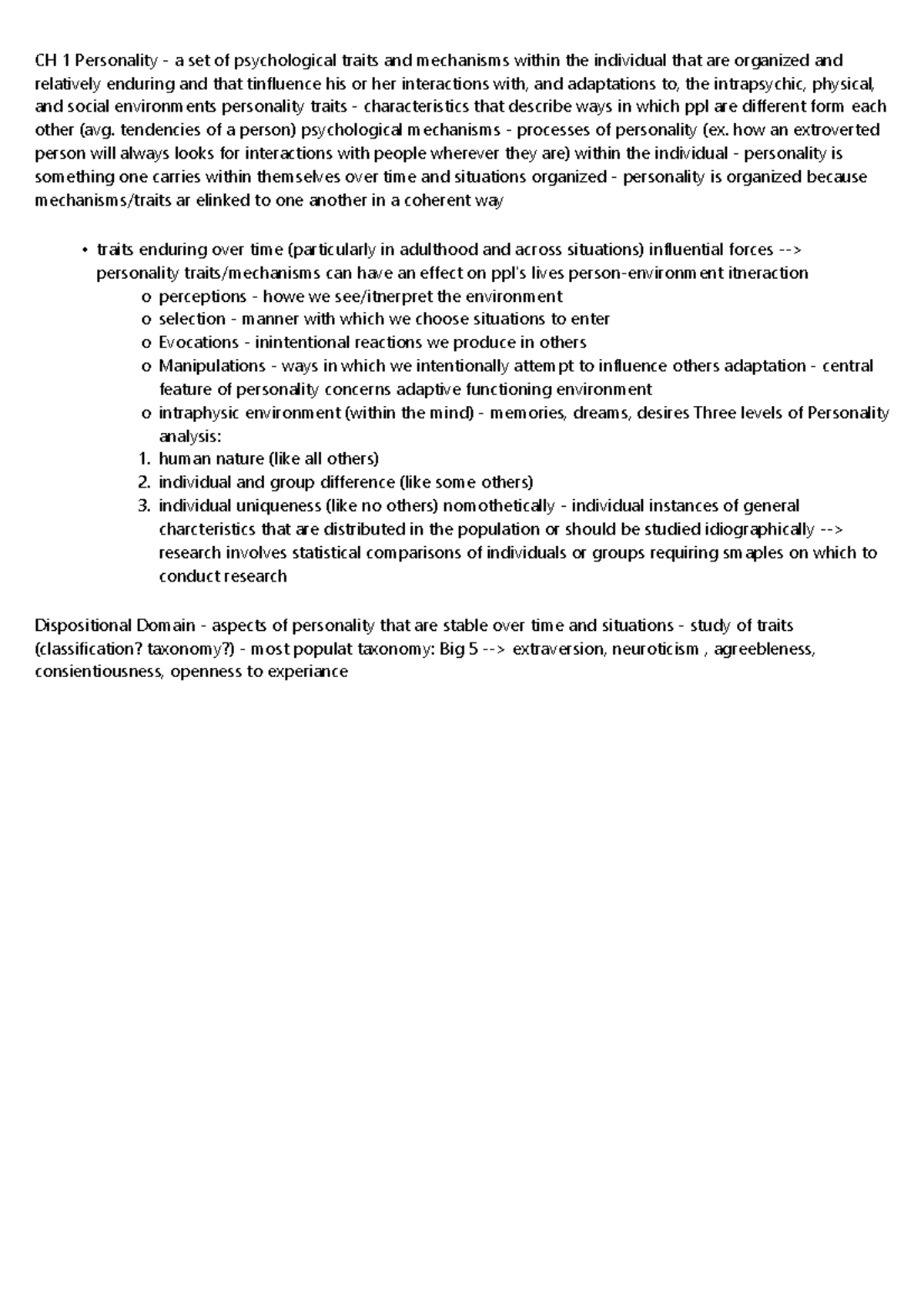 Personality notes ch1 - Brief summary of main points in ch. 1 - CH 1 ...