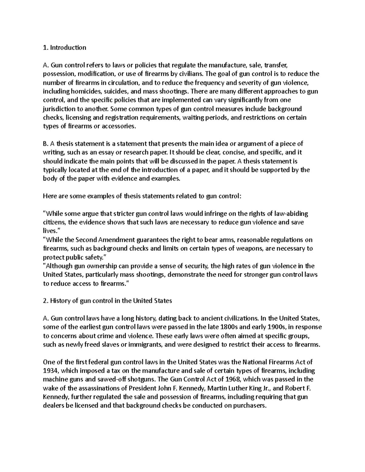 Gun Control - Introduction A. Gun control refers to laws or policies ...