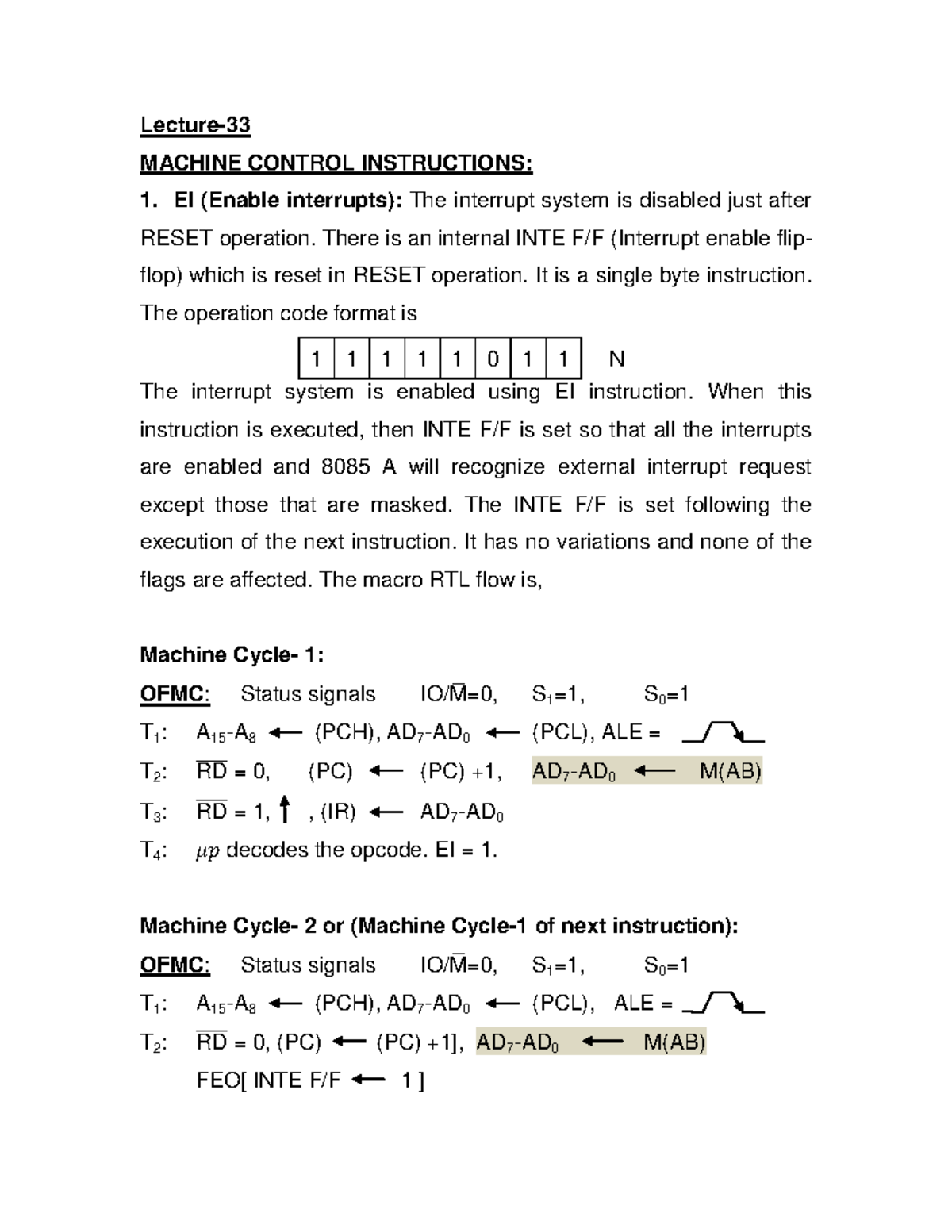 Lecture 33 Machine Control Instructions 1 Ei Enable Interrupts The Interrupt System Is