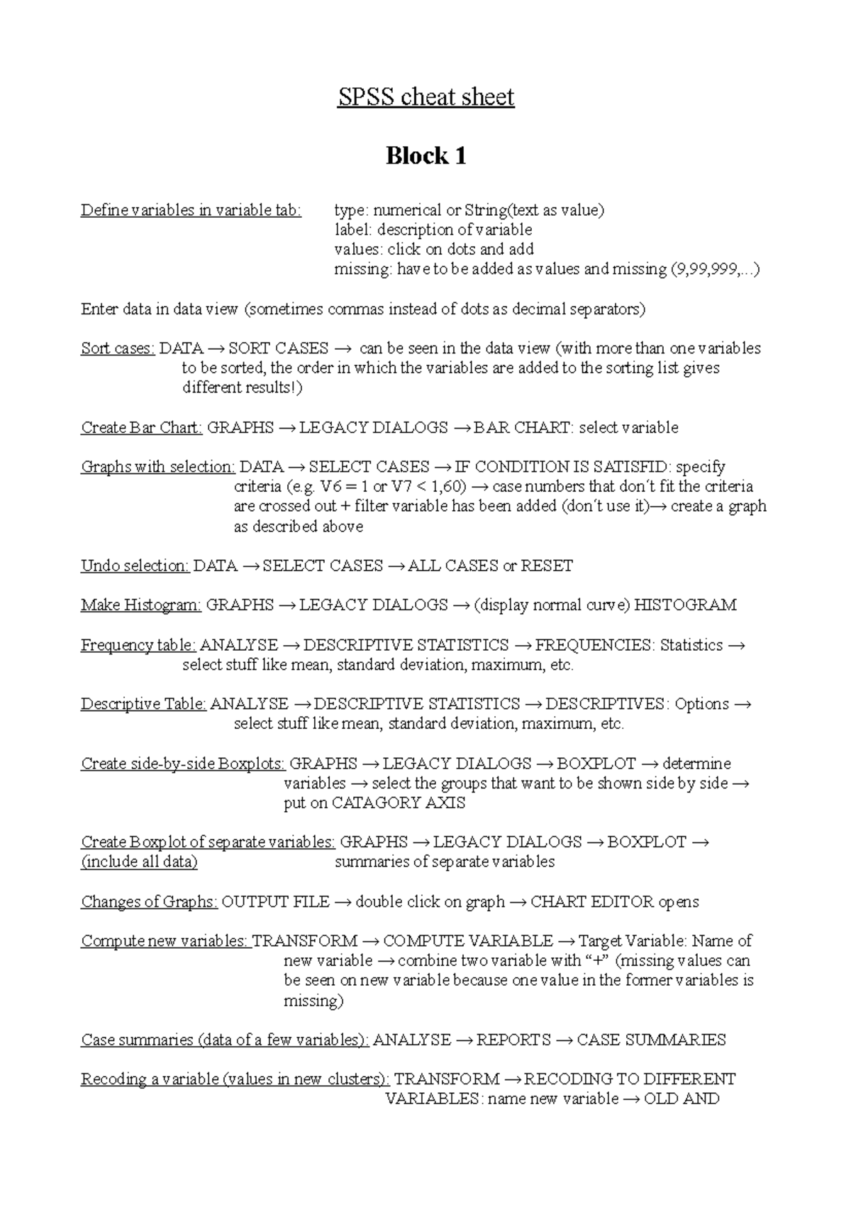 Spss Cheat Sheet Spss Notes For Block 1 Spss Cheat Sheet Block 1 Define Variables In