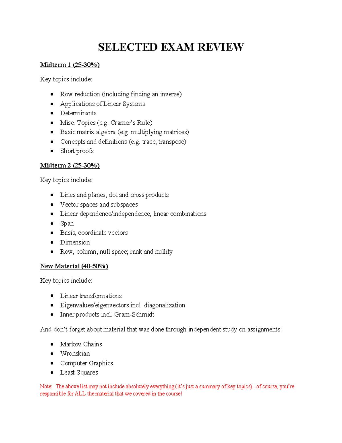 Final exma review - SELECTED EXAM REVIEW Midterm 1 (25-30%) Key topics ...
