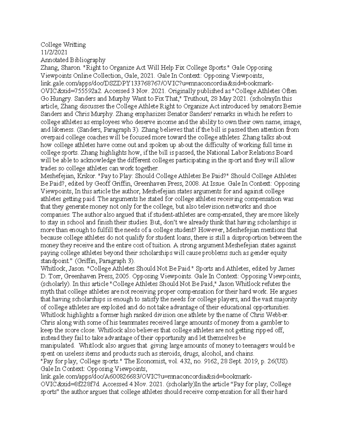 Doc'8 - Annotated Bibliography - College Writting 11/2/ Annotated ...