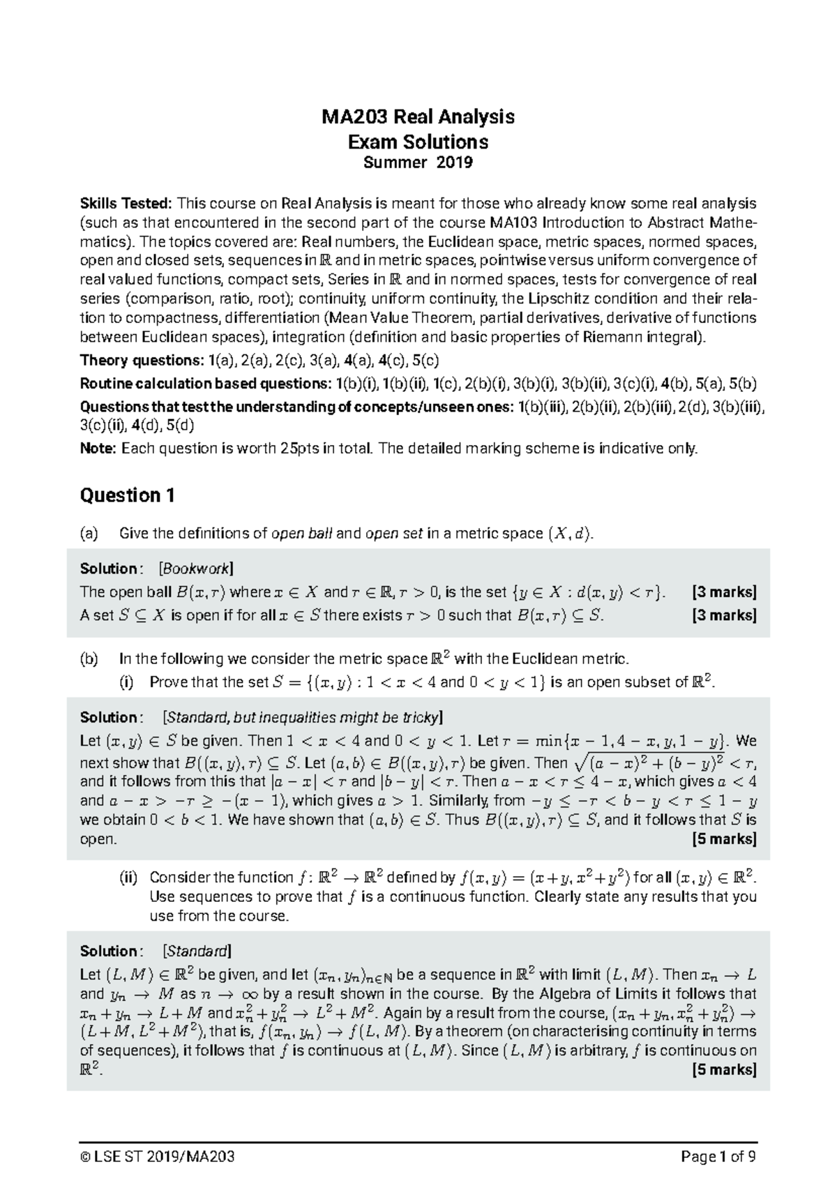 Ma203 pp21 sol - 2019 exam paper with solutions - MA203 Real Analysis ...