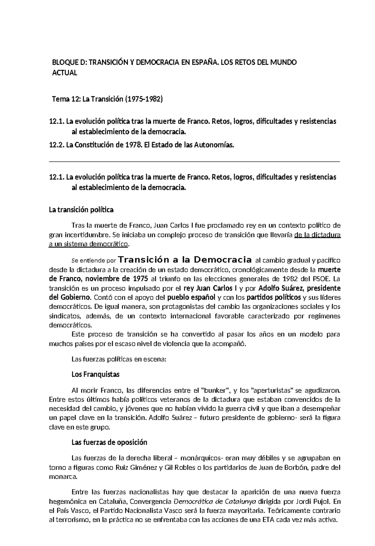 12.1. LA Evolución Política TRAS LA Muerte DE Franco. Retos, Logros ...