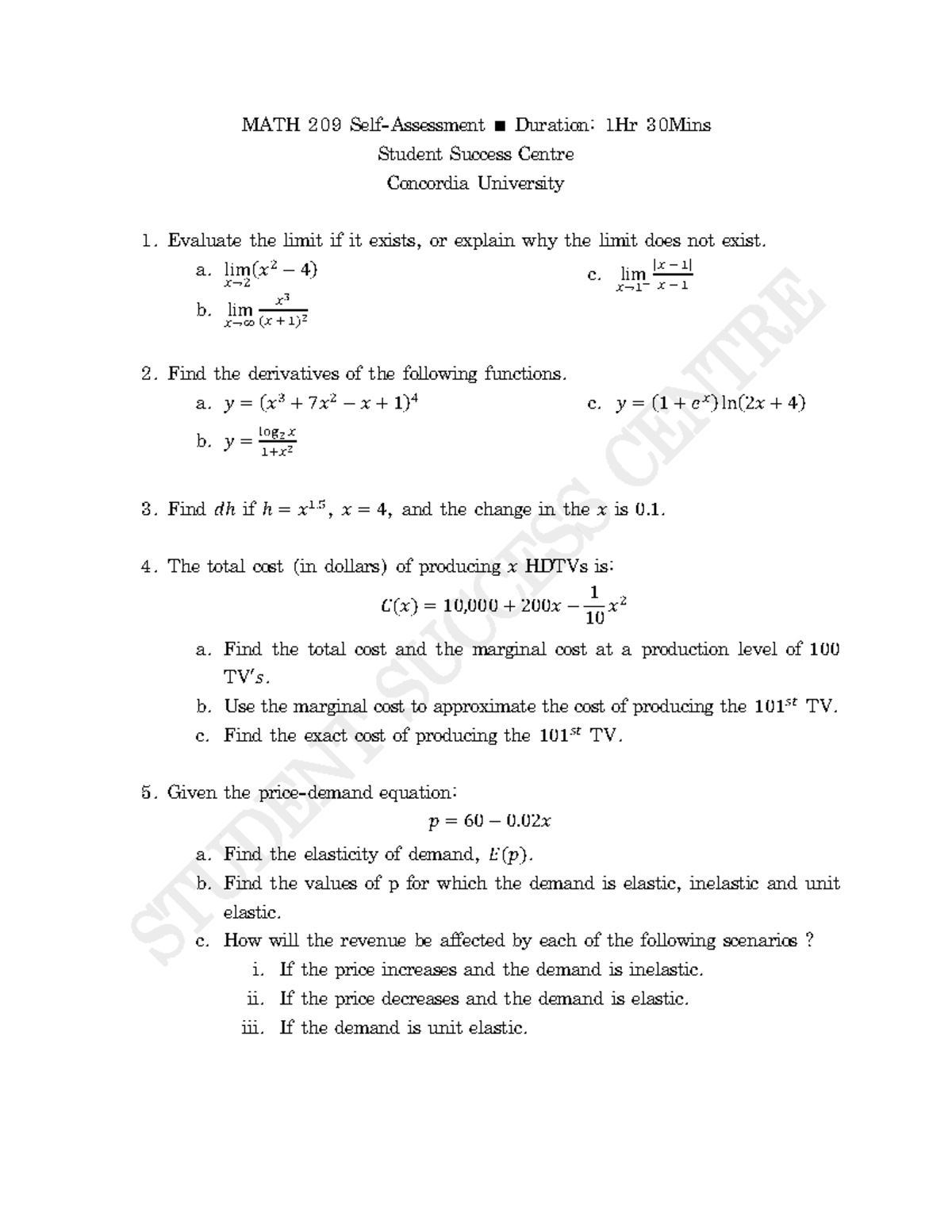 Math 209 self assessment - MATH 209 Self-Assessment ∎ Duration: 1Hr ...
