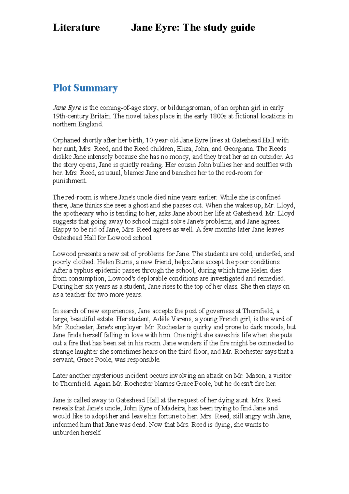 Plot Summary jane eyre - Literature Jane Eyre: The study guide Plot ...