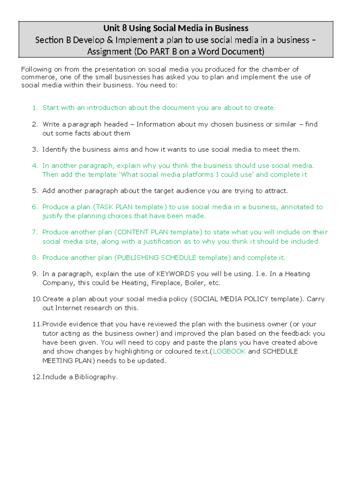 Criteria for word document - Unit 8 Using Social Media in Business Section B Develop & Implement ...