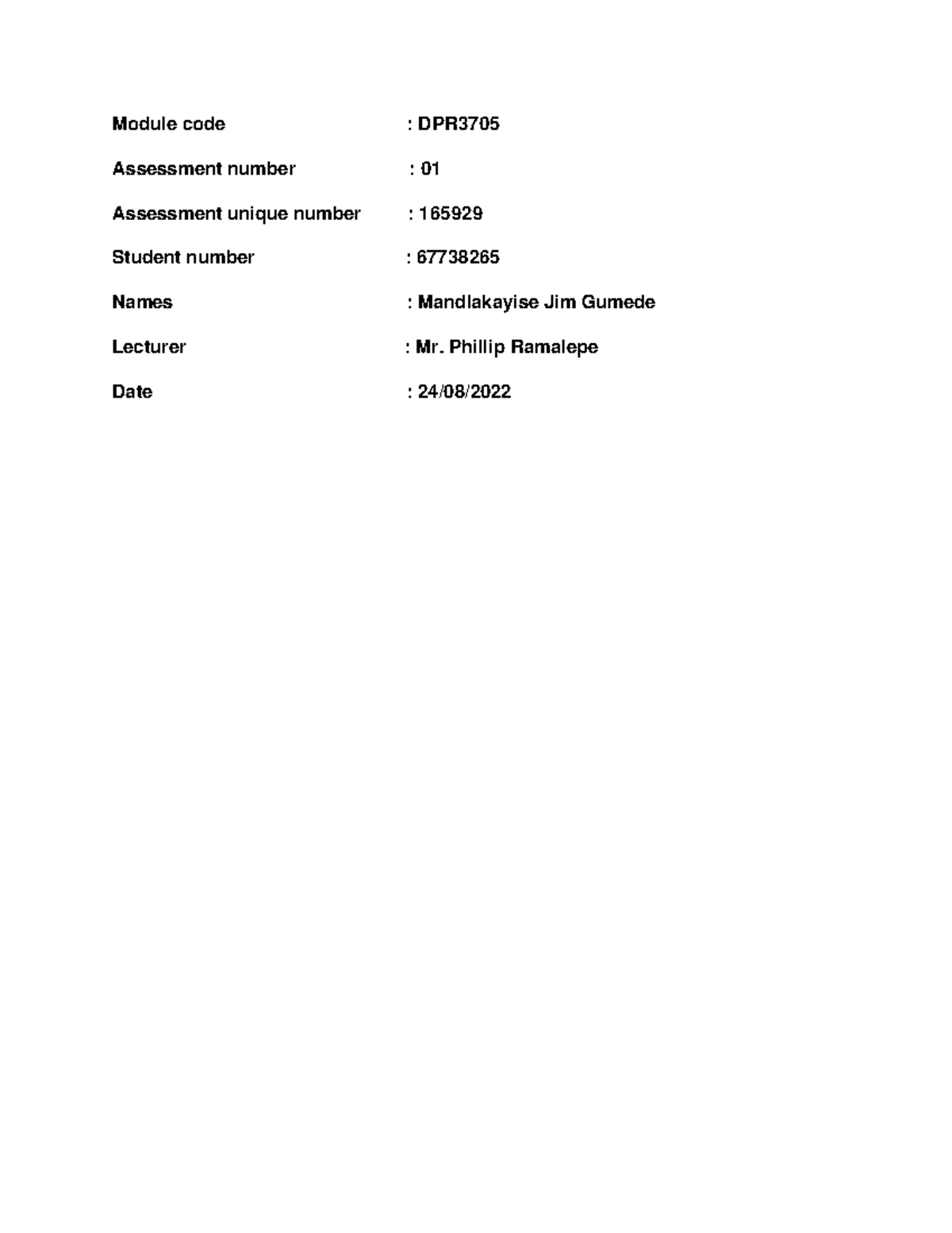 DPR3705 Assignment 01 - Module code : DPR Assessment number : 01 ...