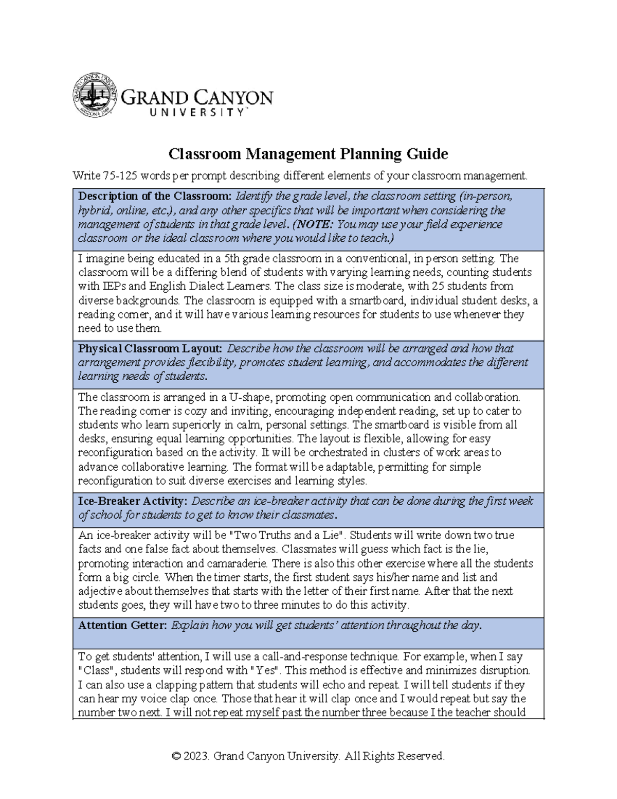 Classroom Management Planning Guide - Description of the Classroom ...