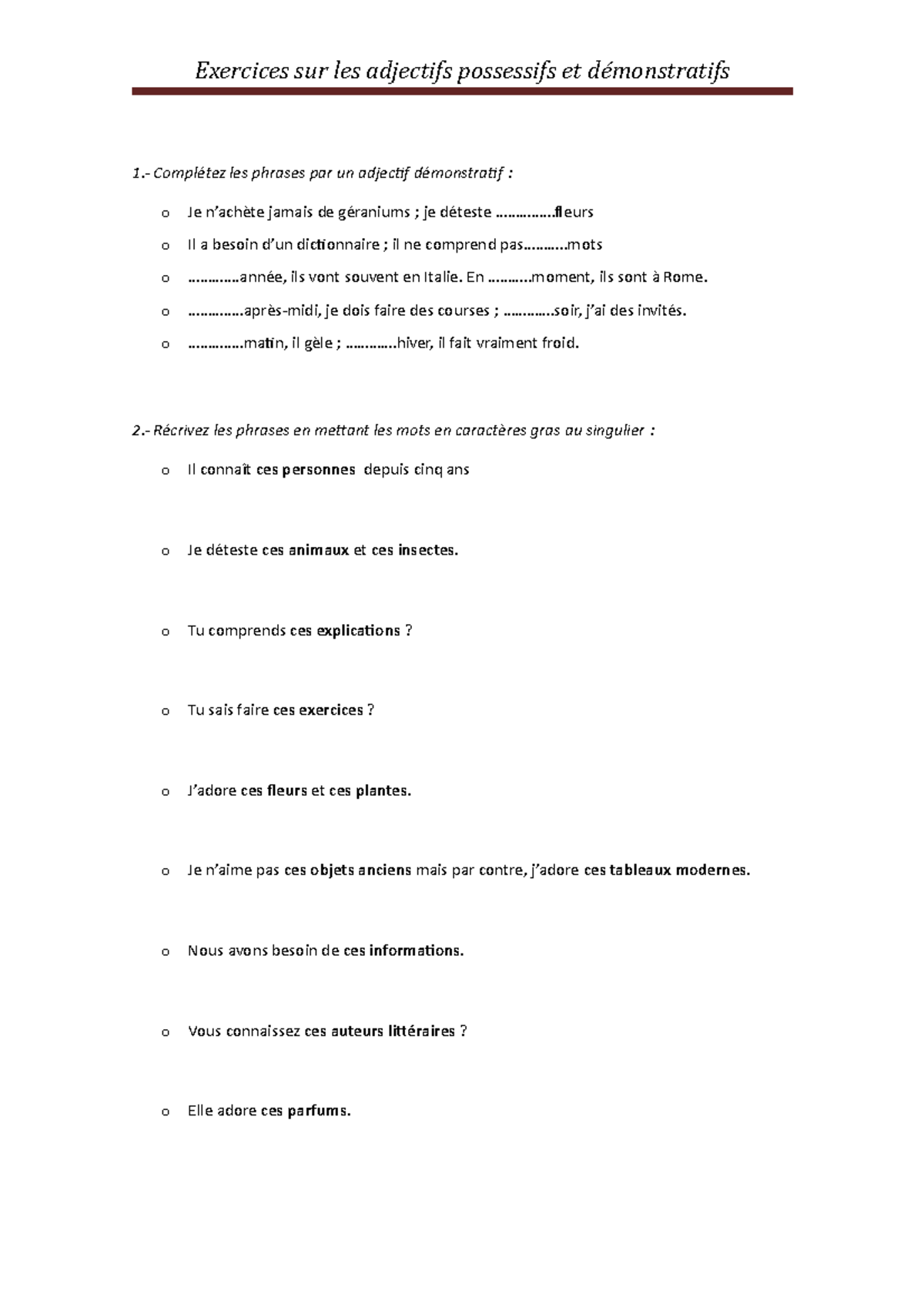 Exercices possessifs et démonstratifs, descripciones y redacciones ...