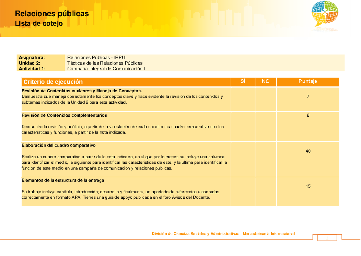 Lista de cotejo Actividad 1. Camapa Integral I - División de Ciencias ...