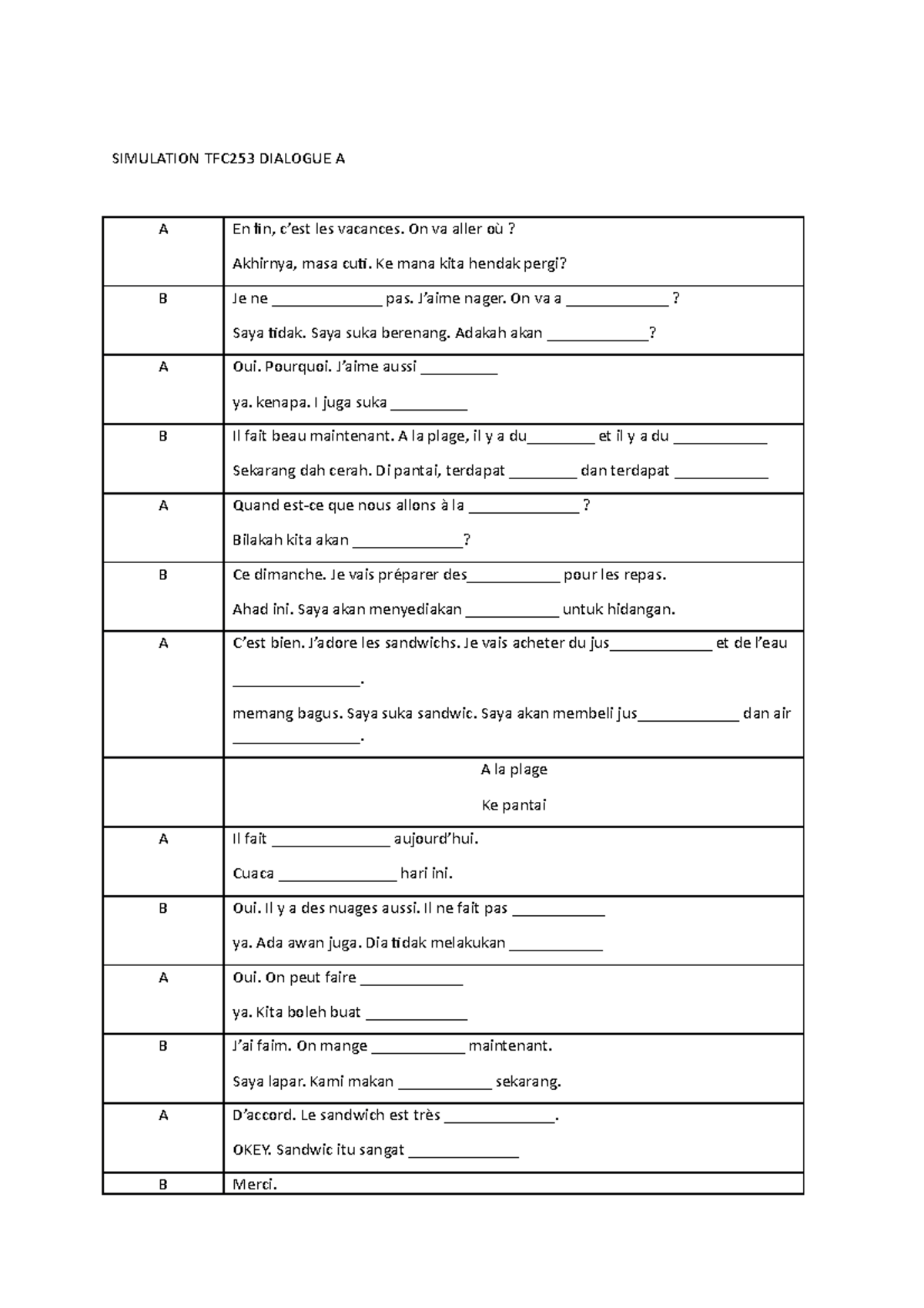 Simulation TFC253 Dialogue A (Translate) - SIMULATION TFC253 DIALOGUE A A En fin, c’est les ...