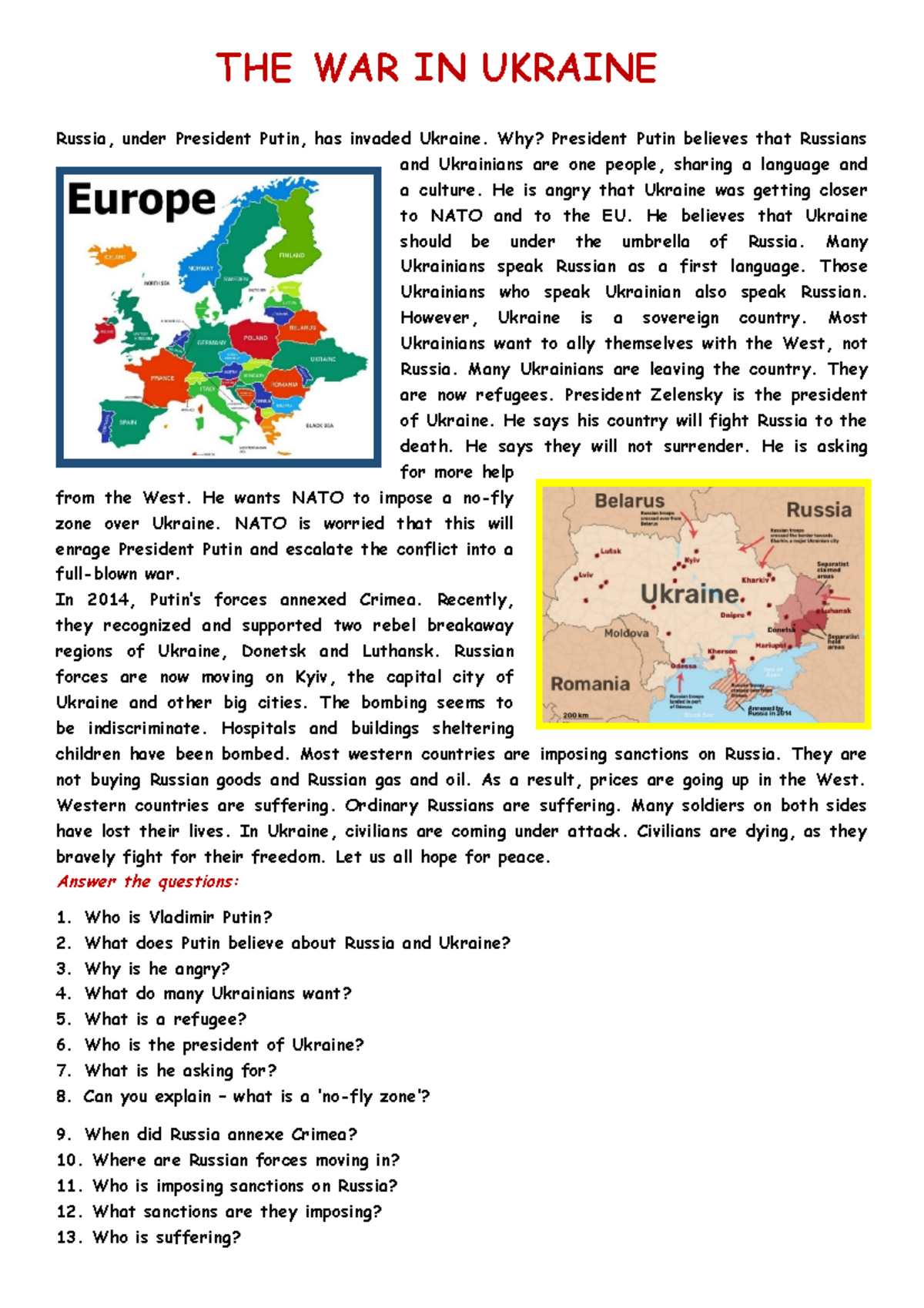 Ukraine comprehension question for practice - Russia, under President ...