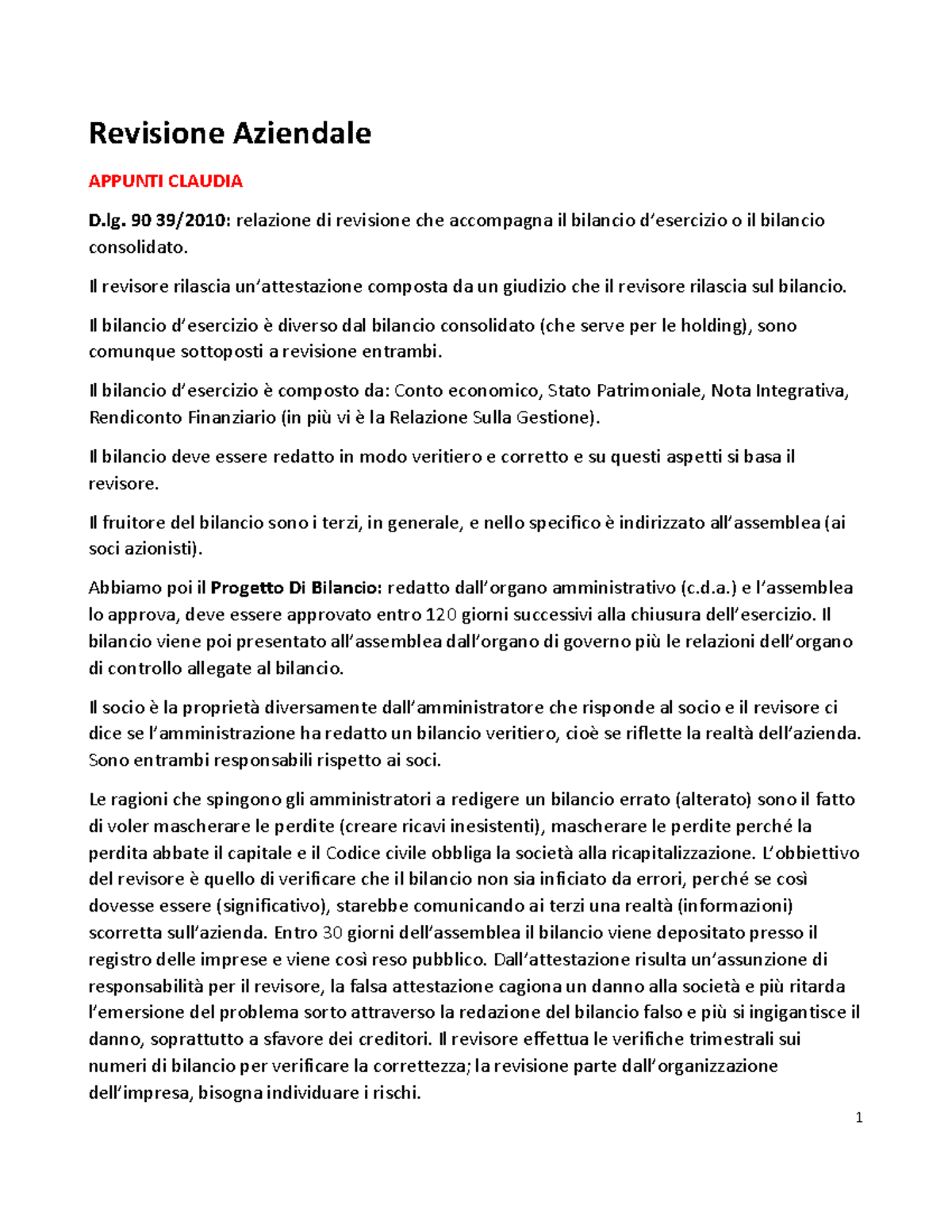 Revisione Aziendale - Appunti di lezione Tutto il corso - Warning: TT: undefined function: 32 ...