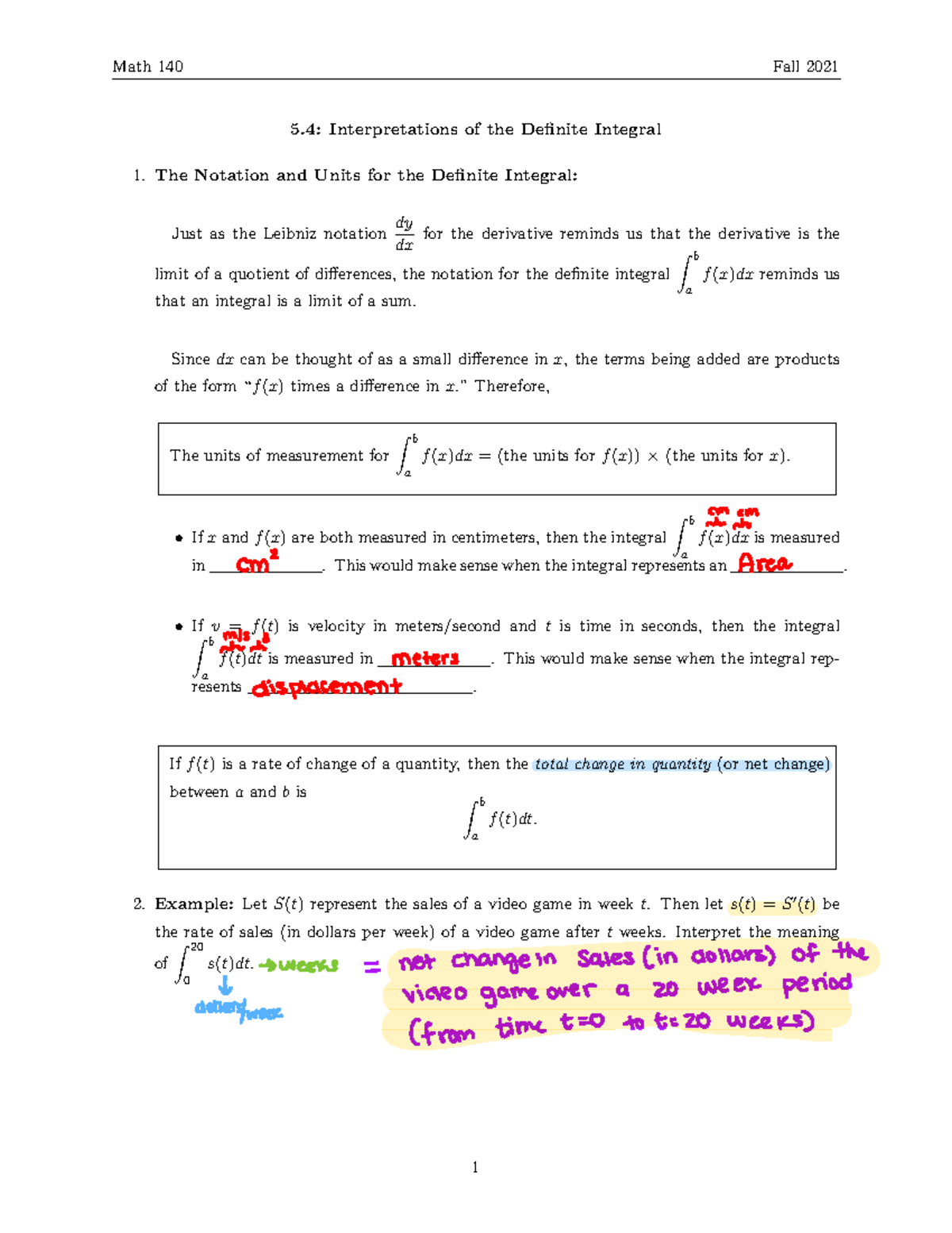 5 - math 140 w prof zazzi - 5: Interpretations of the Definite Integral ...