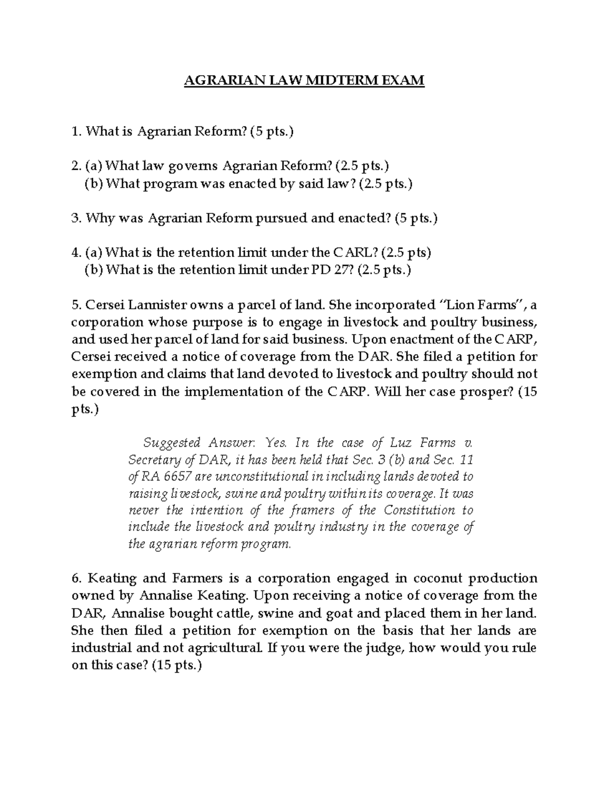 Agrarian Law Exam - Sample Exam - AGRARIAN LAW MIDTERM EXAM What is ...