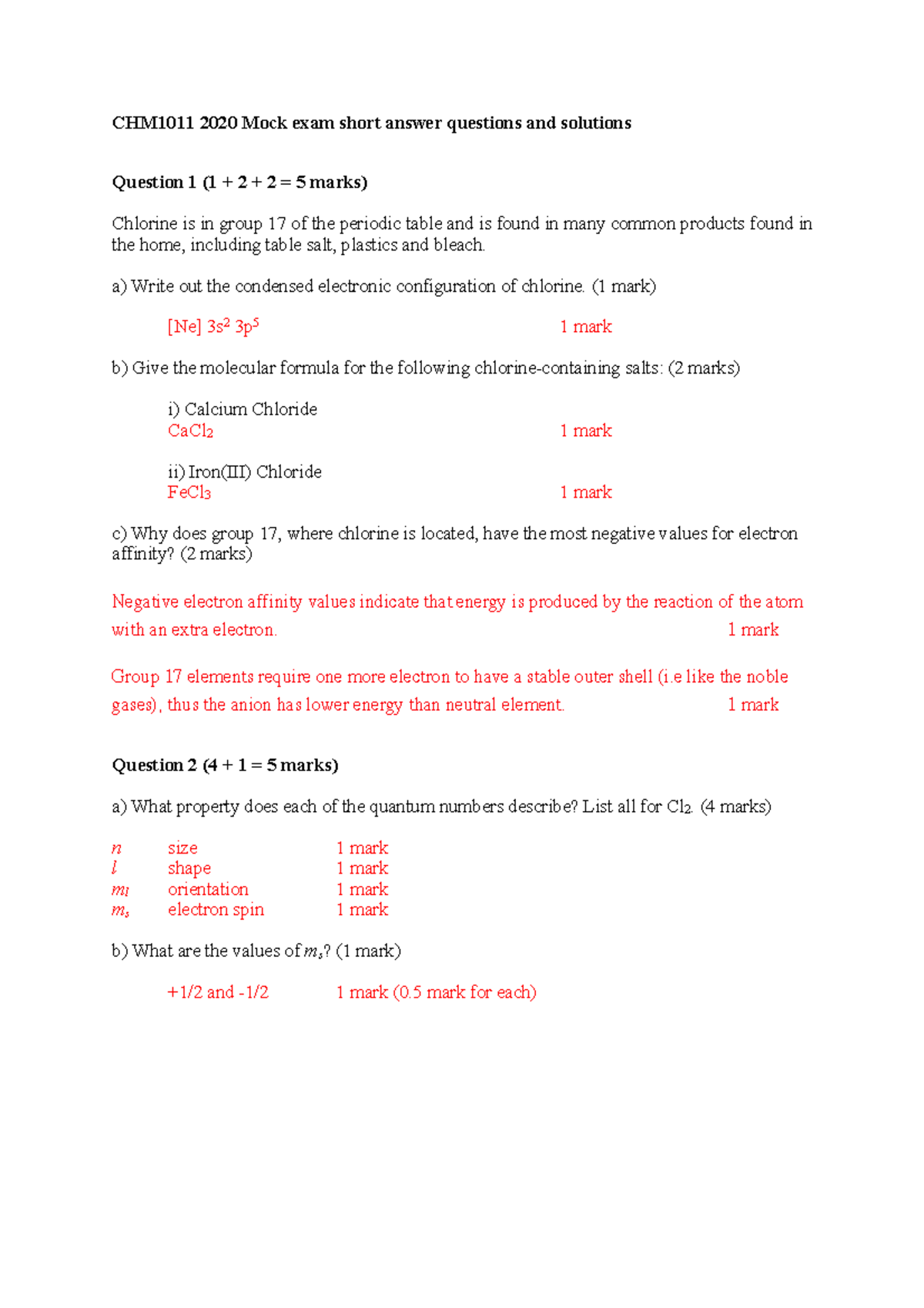 CHM1011 2020 Mock exam 2 short answer - CHM1011 2020 Mock exam short answer questions and ...