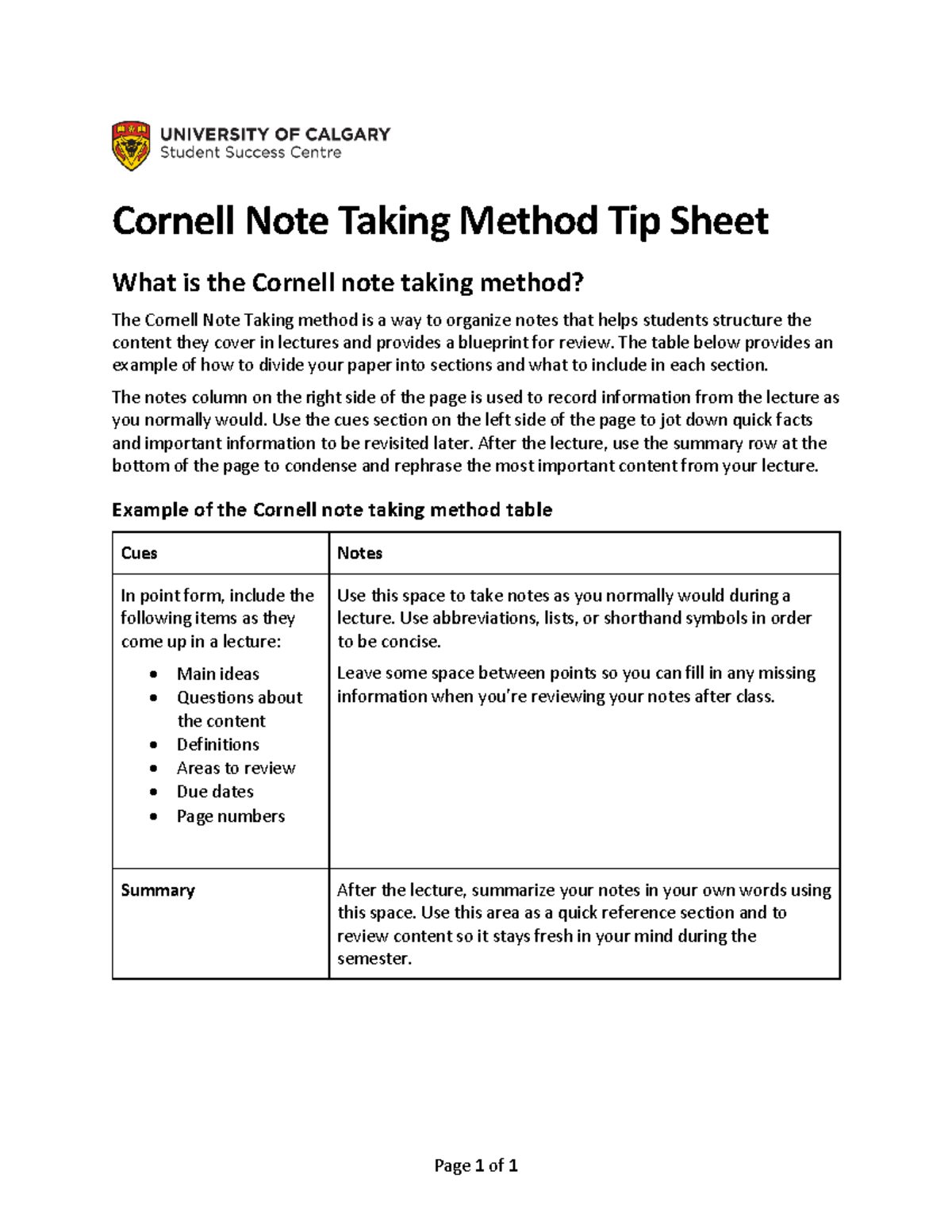 Cornell note taking method - The table below provides an example of how ...
