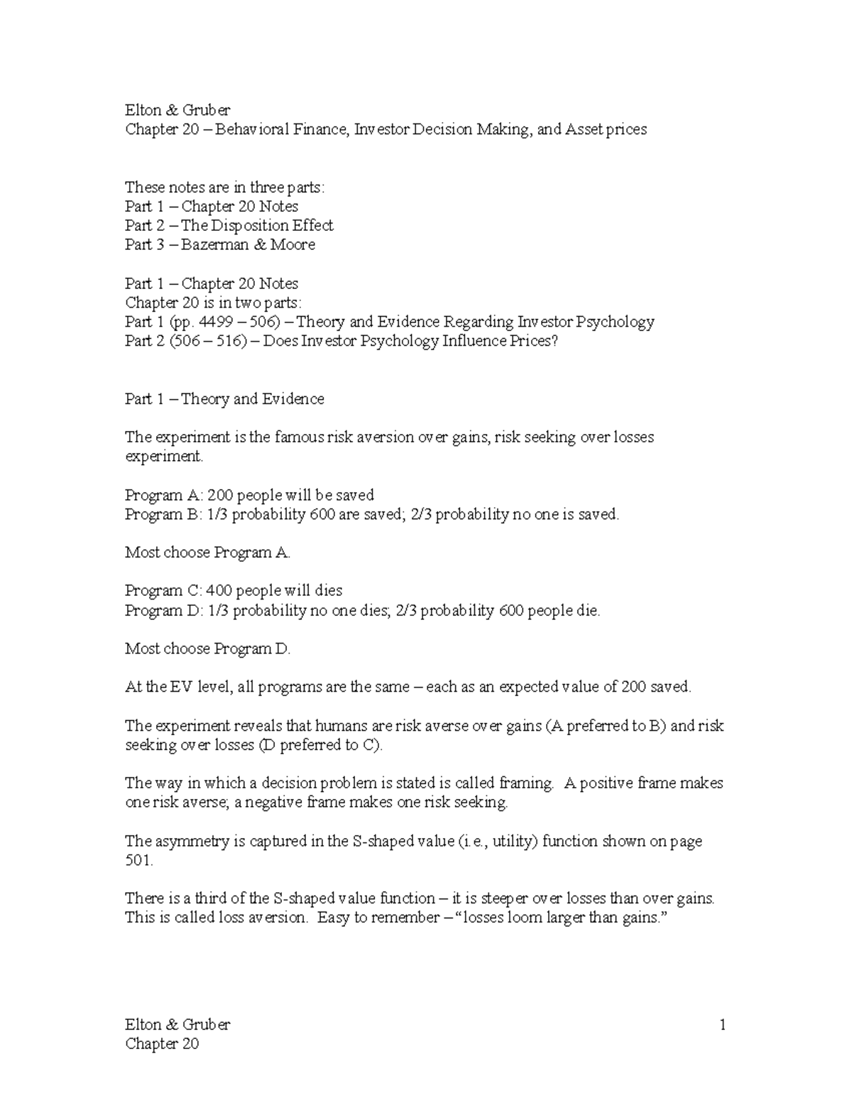 1 Elton-Gruber Ch 20 Notes PART 1 Chapter notes copy - Elton & Gruber 1 ...