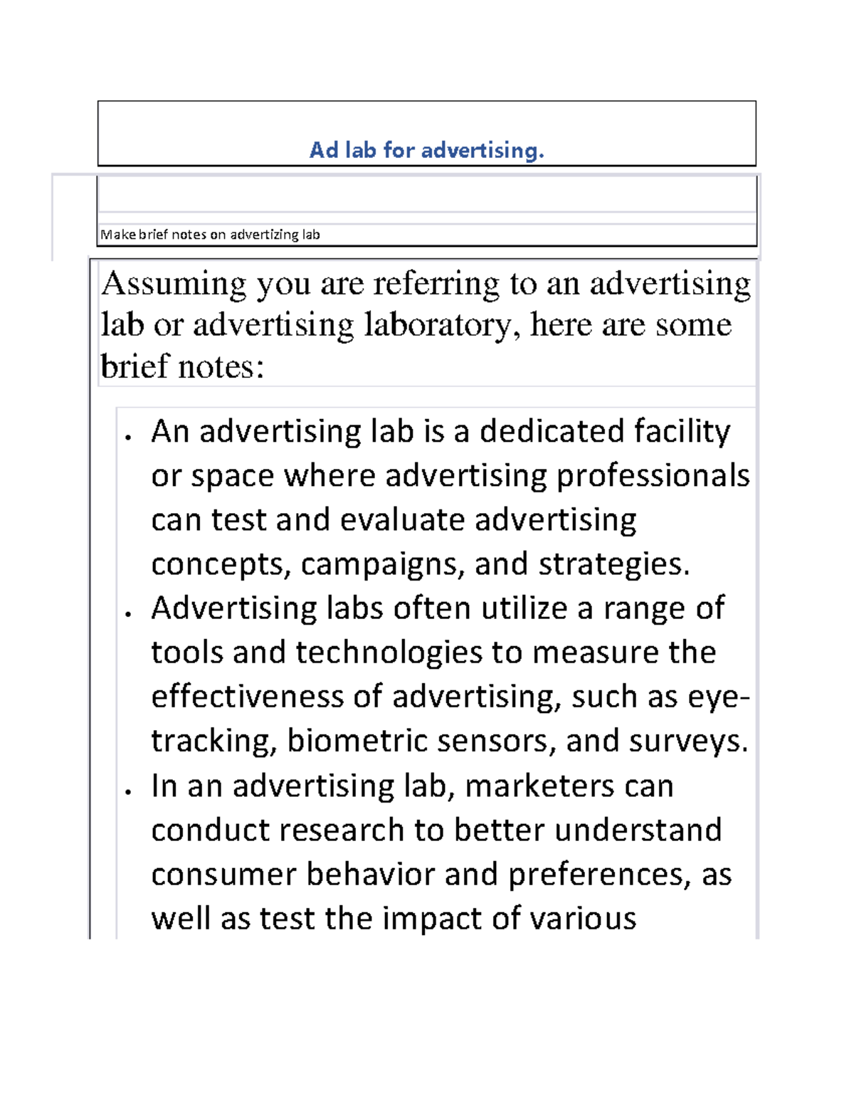 Advertizing 1-4 - Ad lab for advertising. Make brief notes on ...