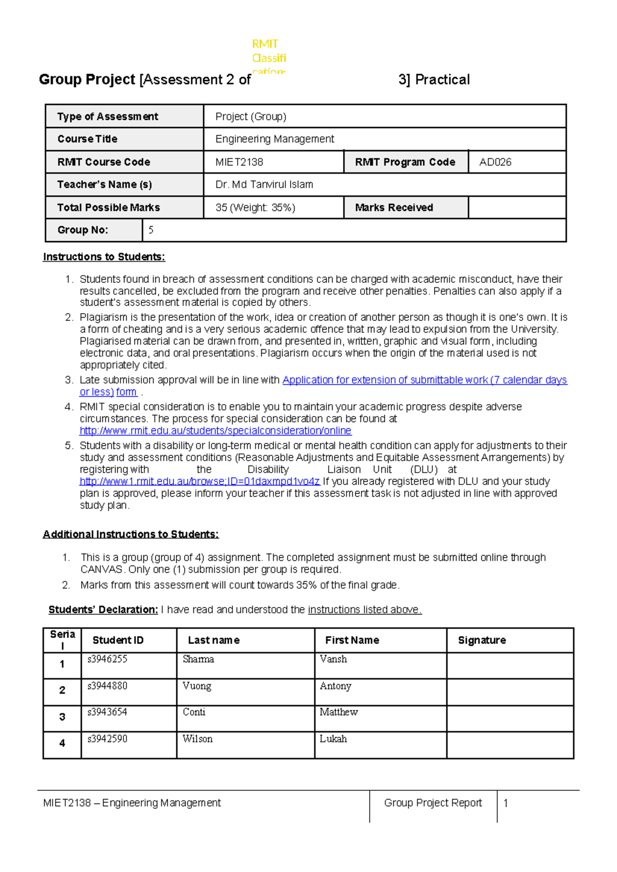 Project Report Template MIET2138 Engineering Management Group Project 1 ...