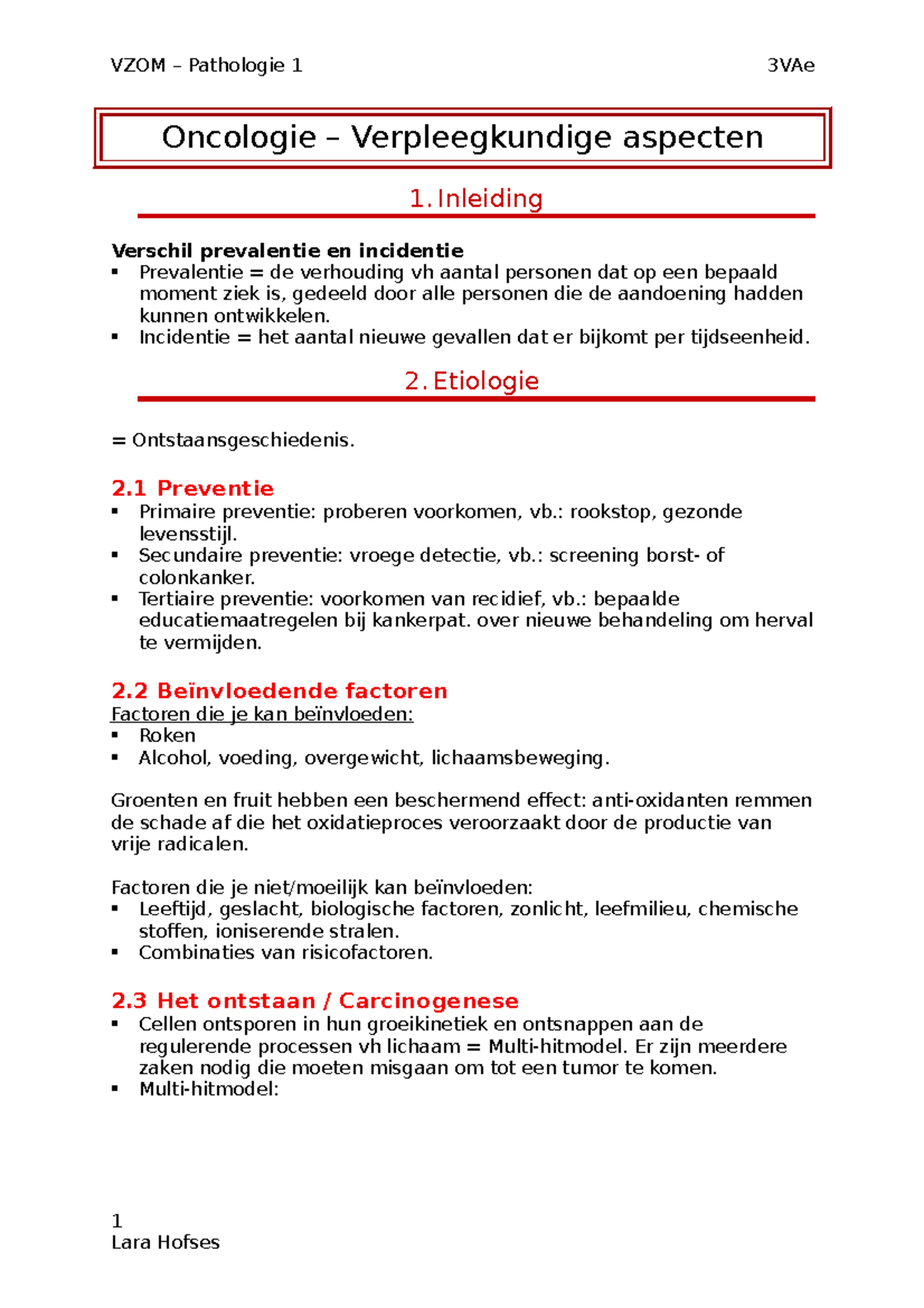 Pathologie vpk aspecten - Oncologie – Verpleegkundige aspecten 1 ...