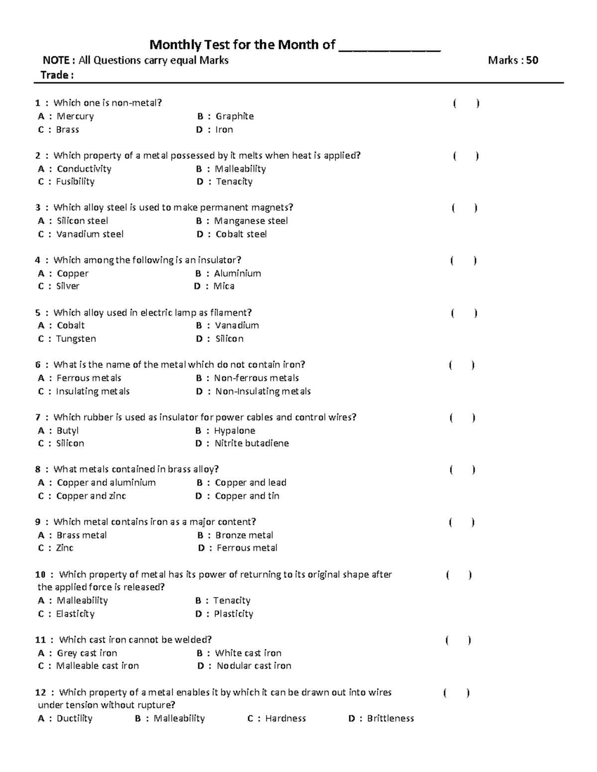1ST YESR 2ND Monthly TEST - Monthly Test for the Month of ...