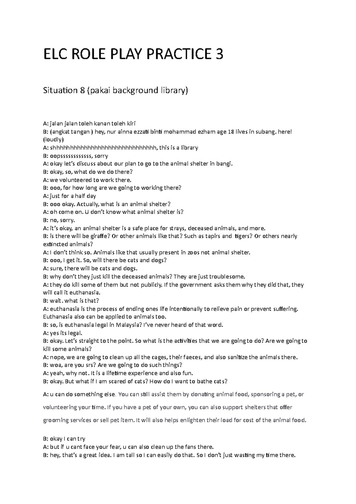 ELC Role Play Practice 3 (No - ELC ROLE PLAY PRACTICE 3 Situation 8 ...