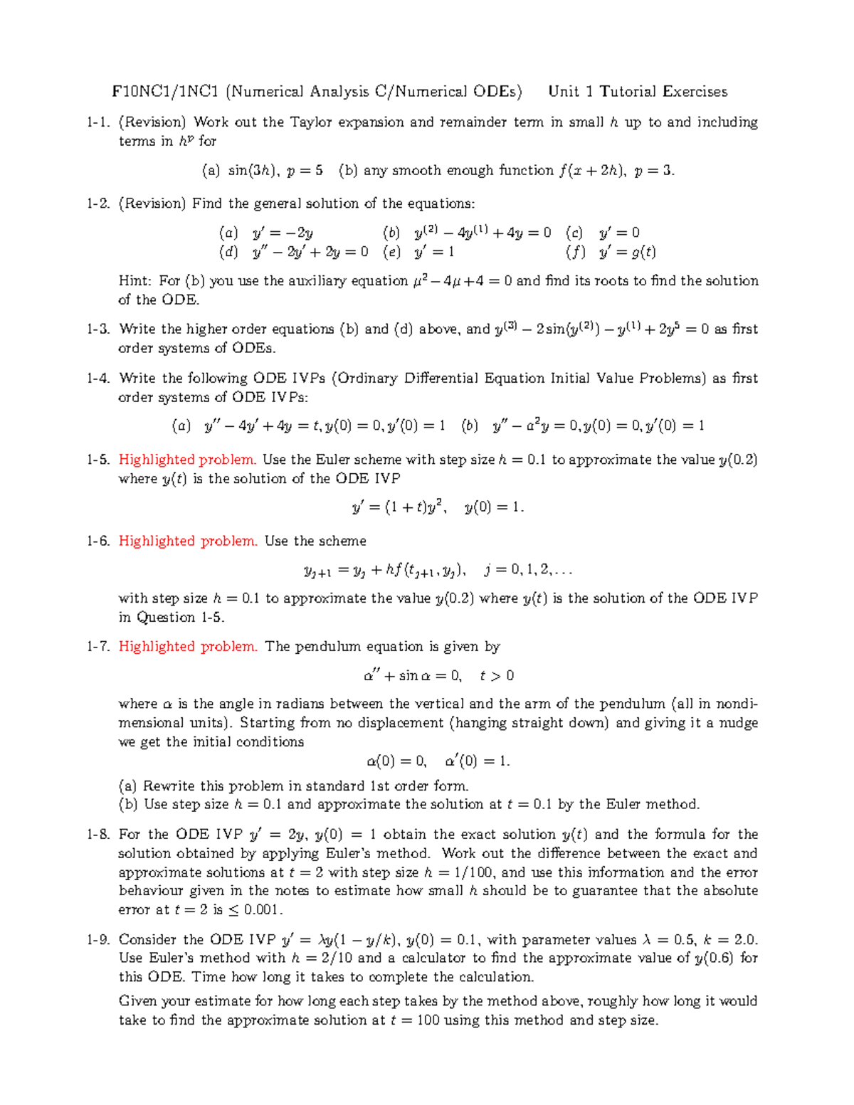 Tut1 - Tut1 - F10NC1/1NC1 (Numerical Analysis C/Numerical ODEs) Unit 1 Tutorial Exercises 1-1 ...