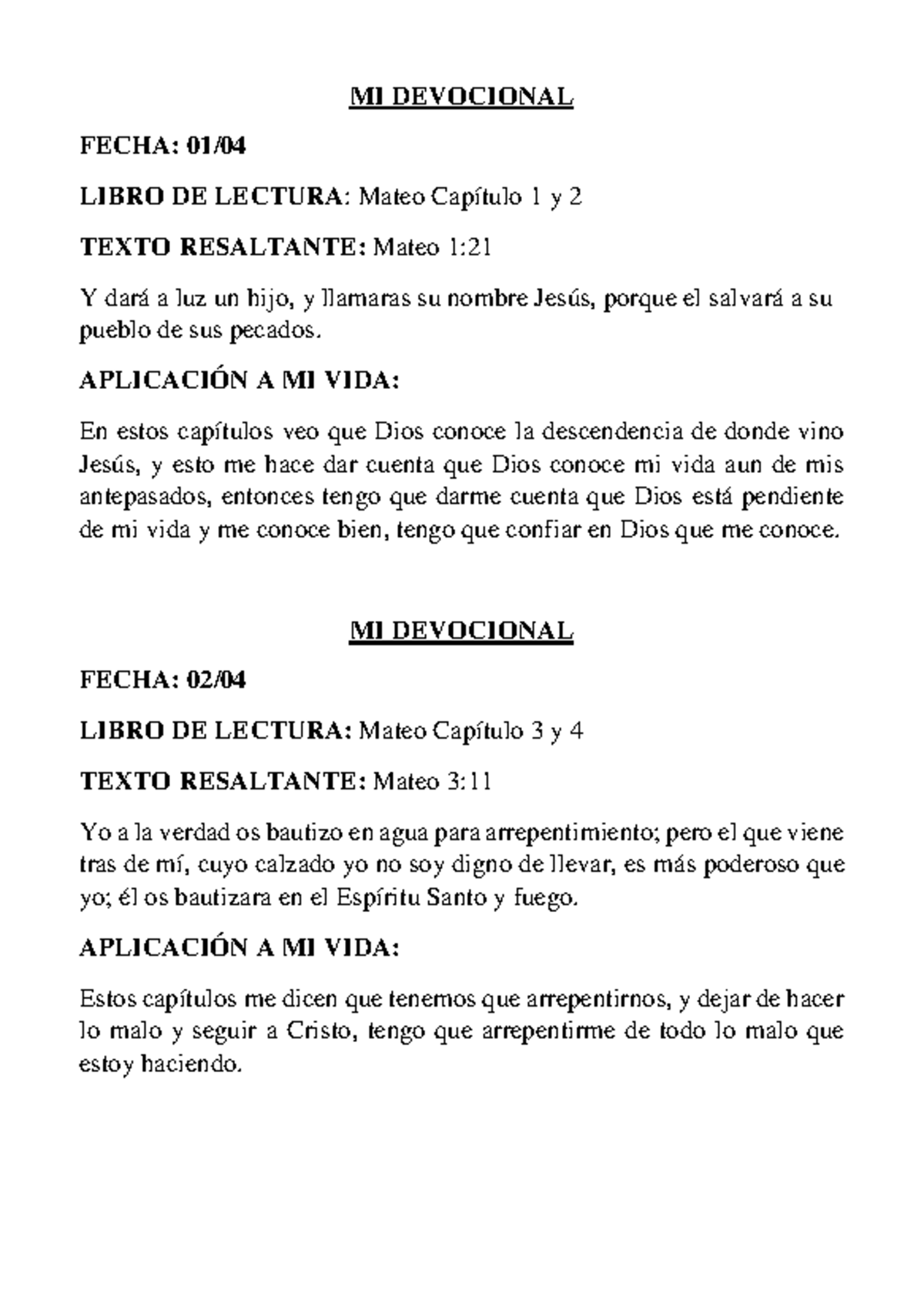 MI Devocional - MI DEVOCIONAL FECHA: 01/ LIBRO DE LECTURA: Mateo ...