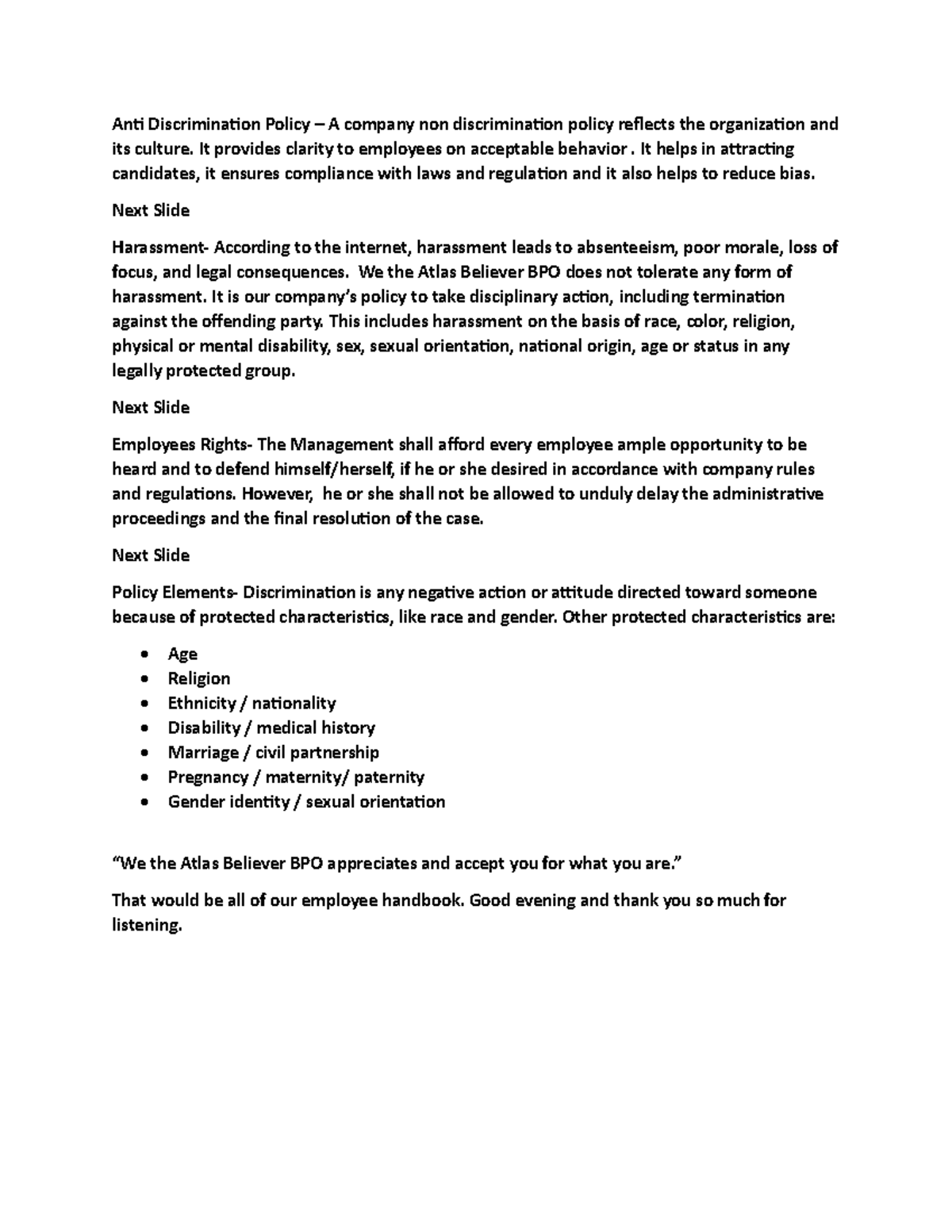 Handbook Script 1111 - Anti Discrimination Policy – A company non ...