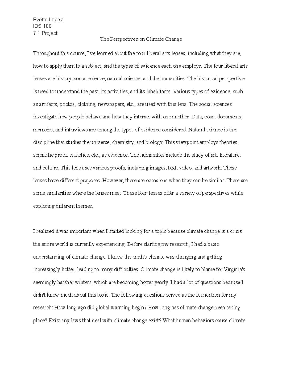 7.1 project Climate change Evette - Evette Lopez IDS 100 7 Project The ...