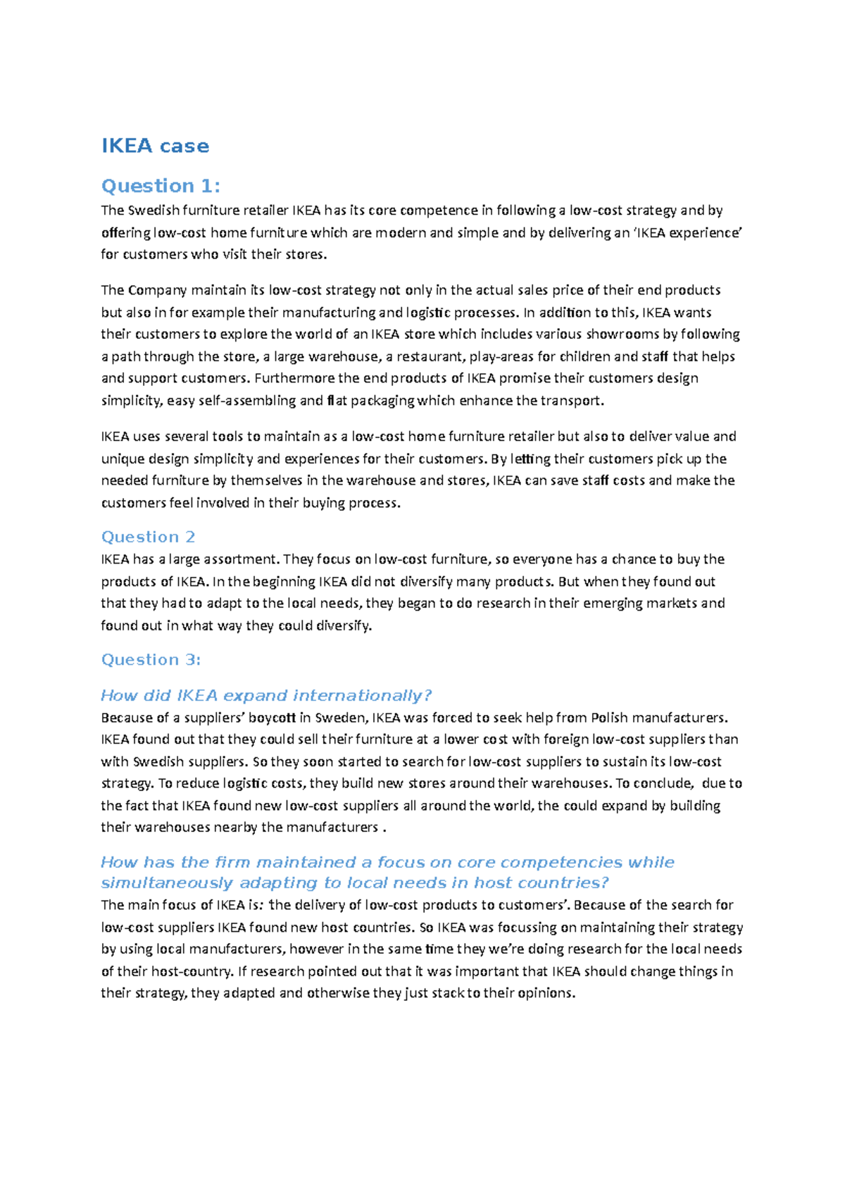 IKEA case 2 - ikea case - IKEA case Question 1: The Swedish furniture ...