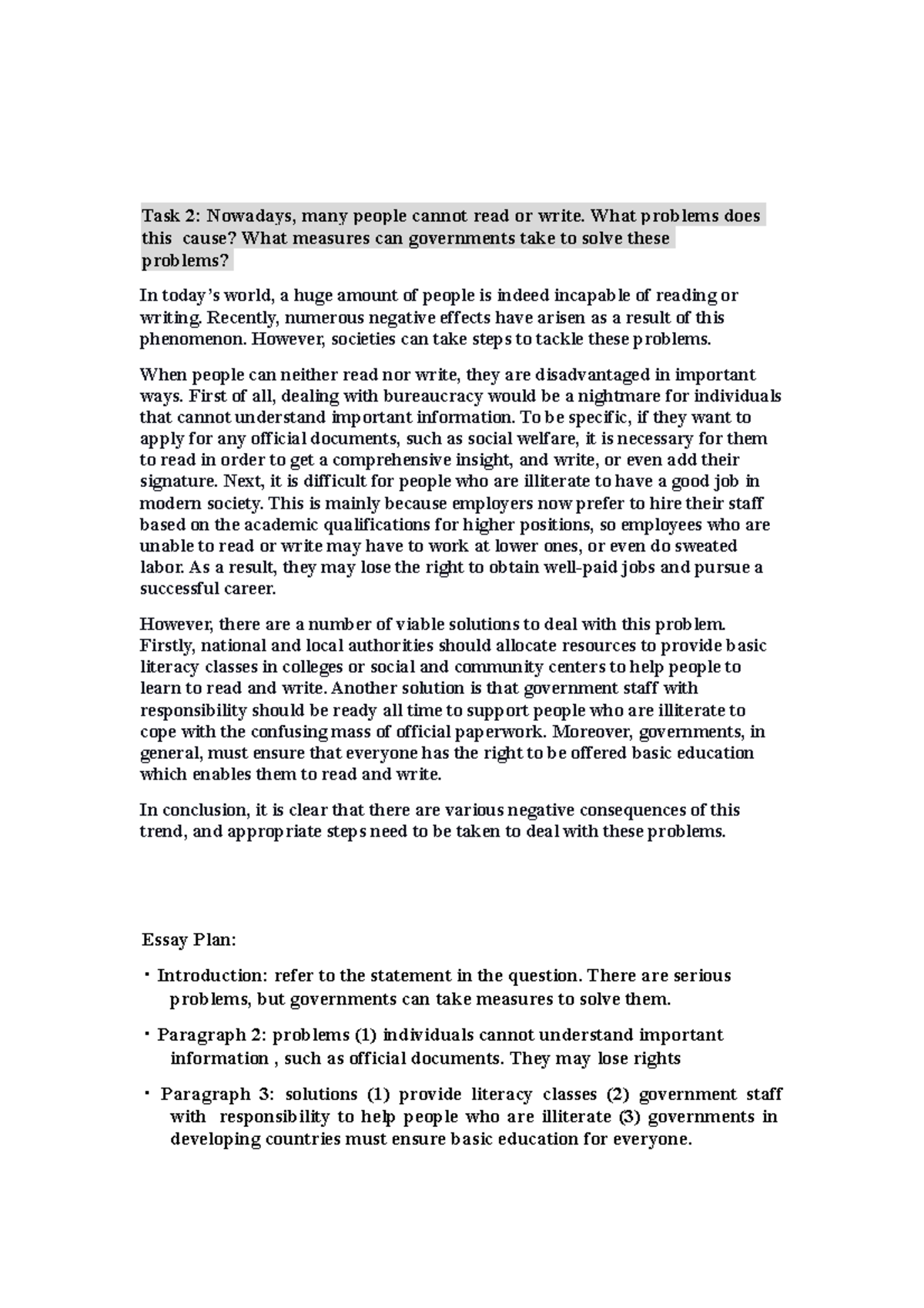 Problem-Solution - Task 2 - Task 2: Nowadays, many people cannot read ...