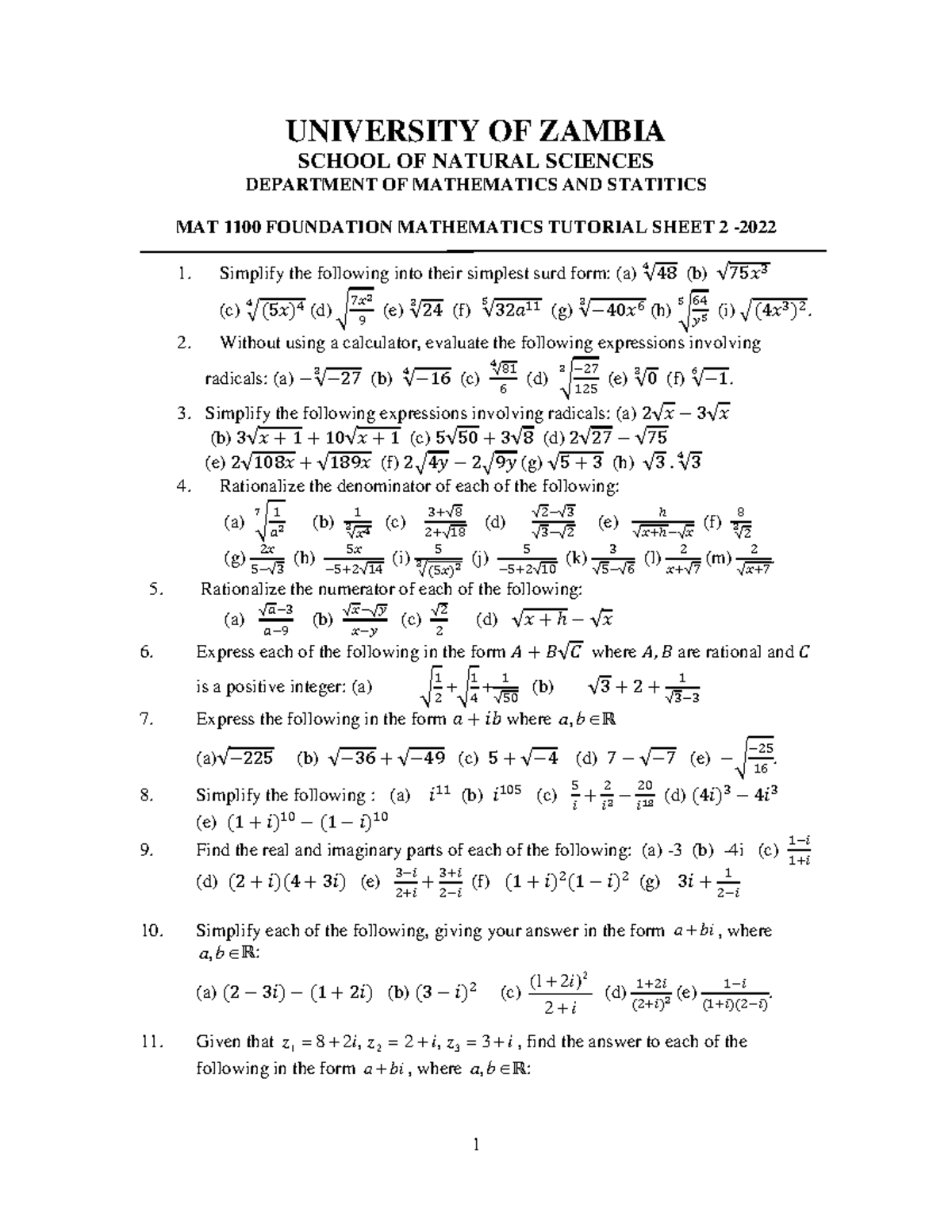 MAT 1100 Tutorial Sheet 2- 2022 - 1 UNIVERSITY OF ZAMBIA SCHOOL OF NATURAL SCIENCES DEPARTMENT ...