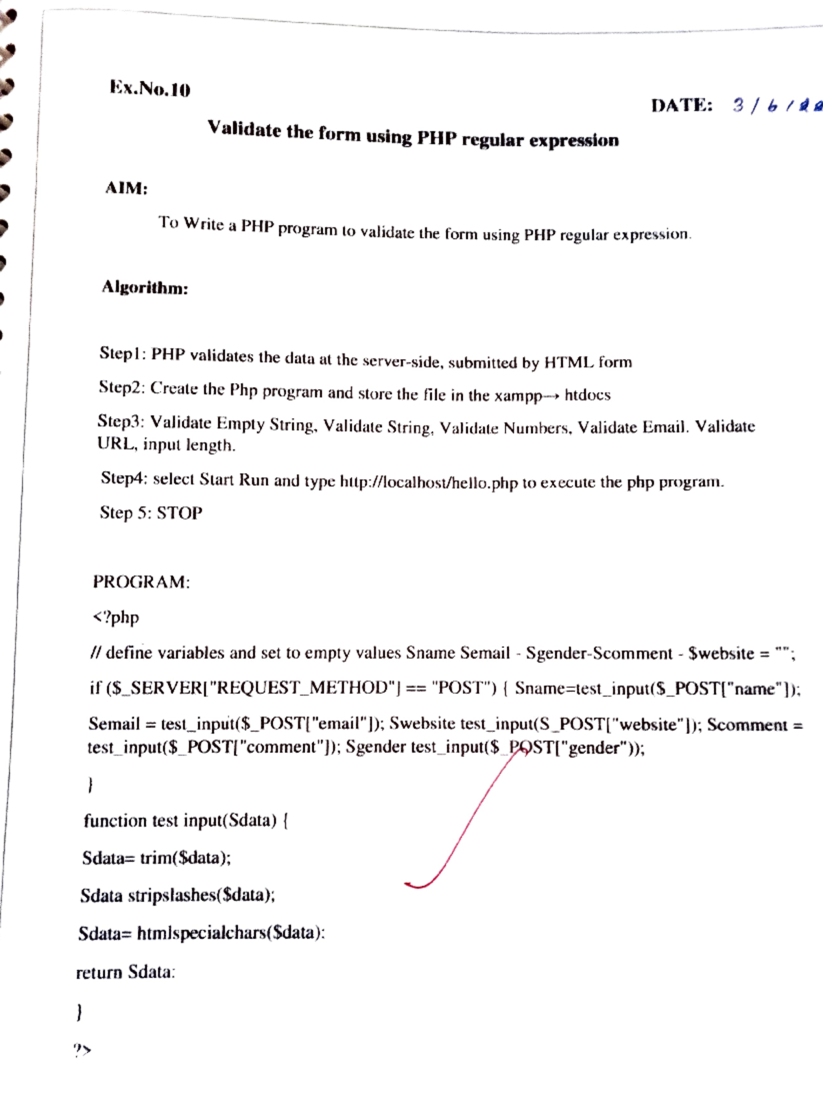 Ip ex no10 - Dxvhdd - Ex.No DATE: 3 / b I' a Validate the form using PHP regular expression AIM ...